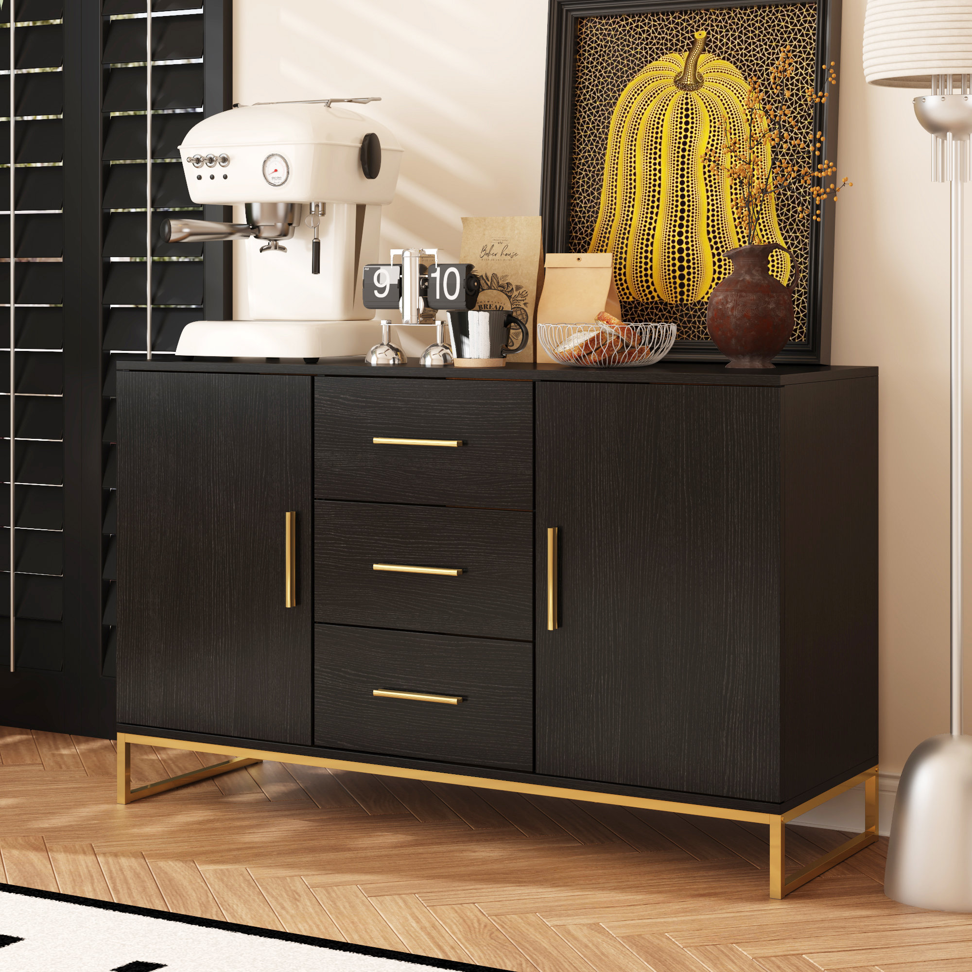 Latitude Run® 2-Door 3-Drawer Cabinet With Metal Legs | Wayfair