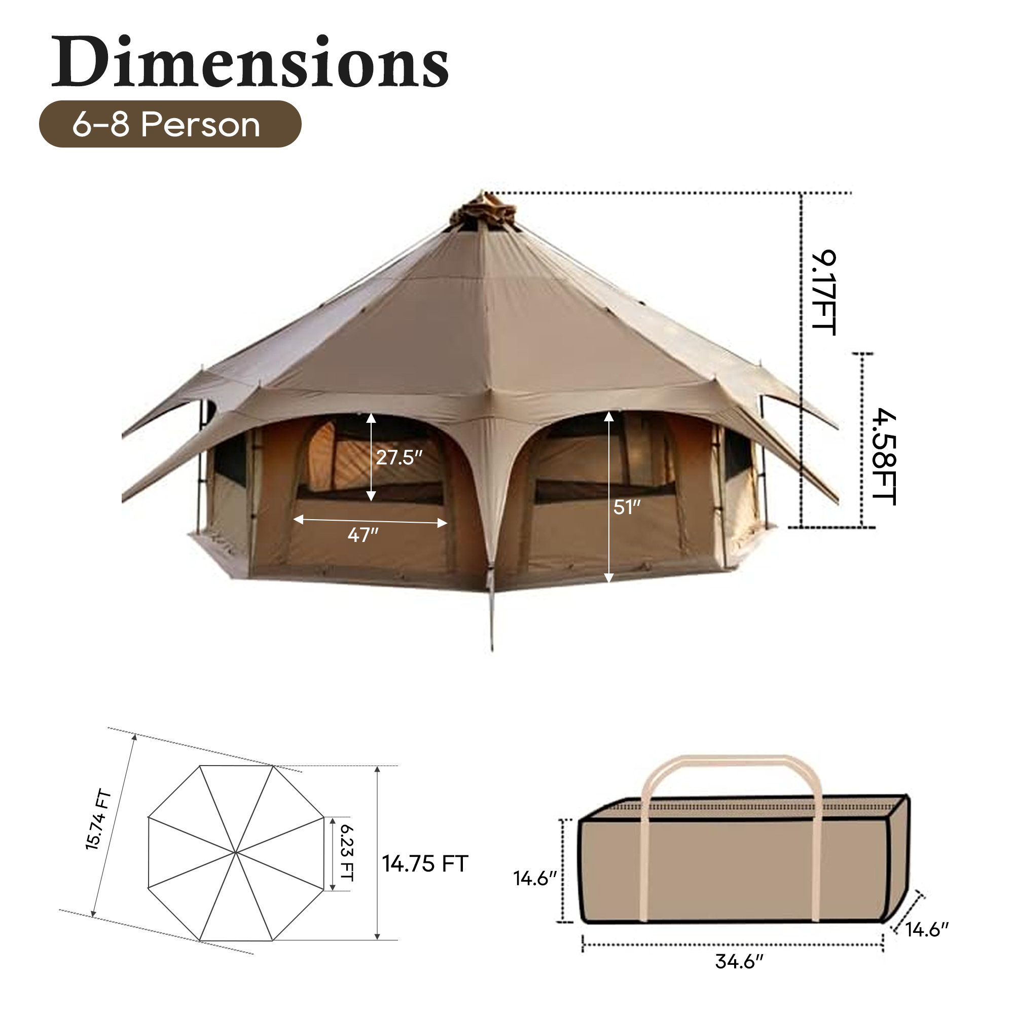 Puppywish 5M Canvas Tent Bell Tent, Glamping Yurt Tent with Stove Jack ...