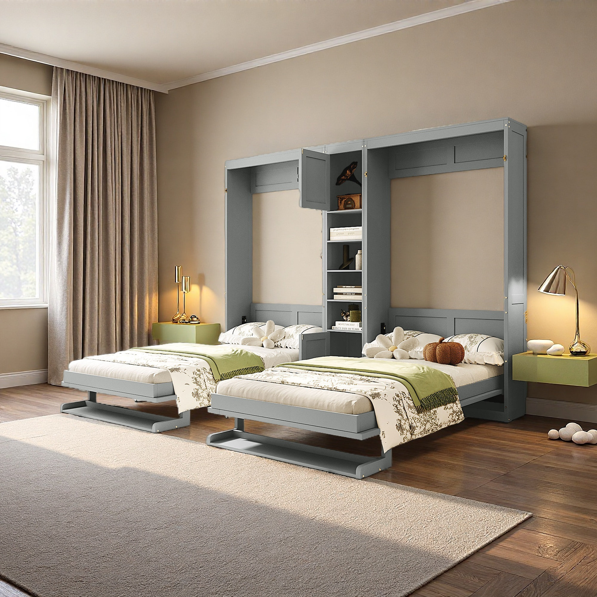 Magiccactus Dual Twin Size Wall Murphy Beds With Cabinets And Shelves