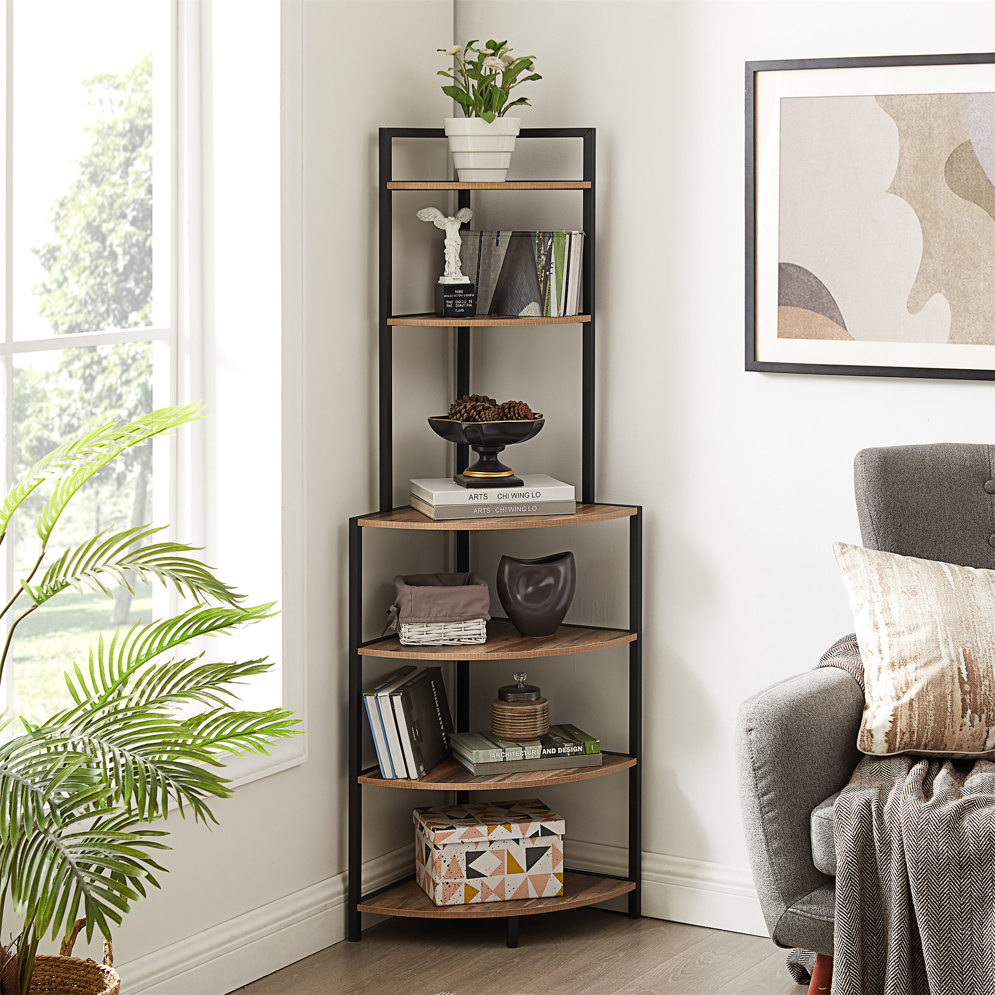 Wrought Studio™ 6-Tier Corner Open Shelf Modern Bookcase Wood Rack ...