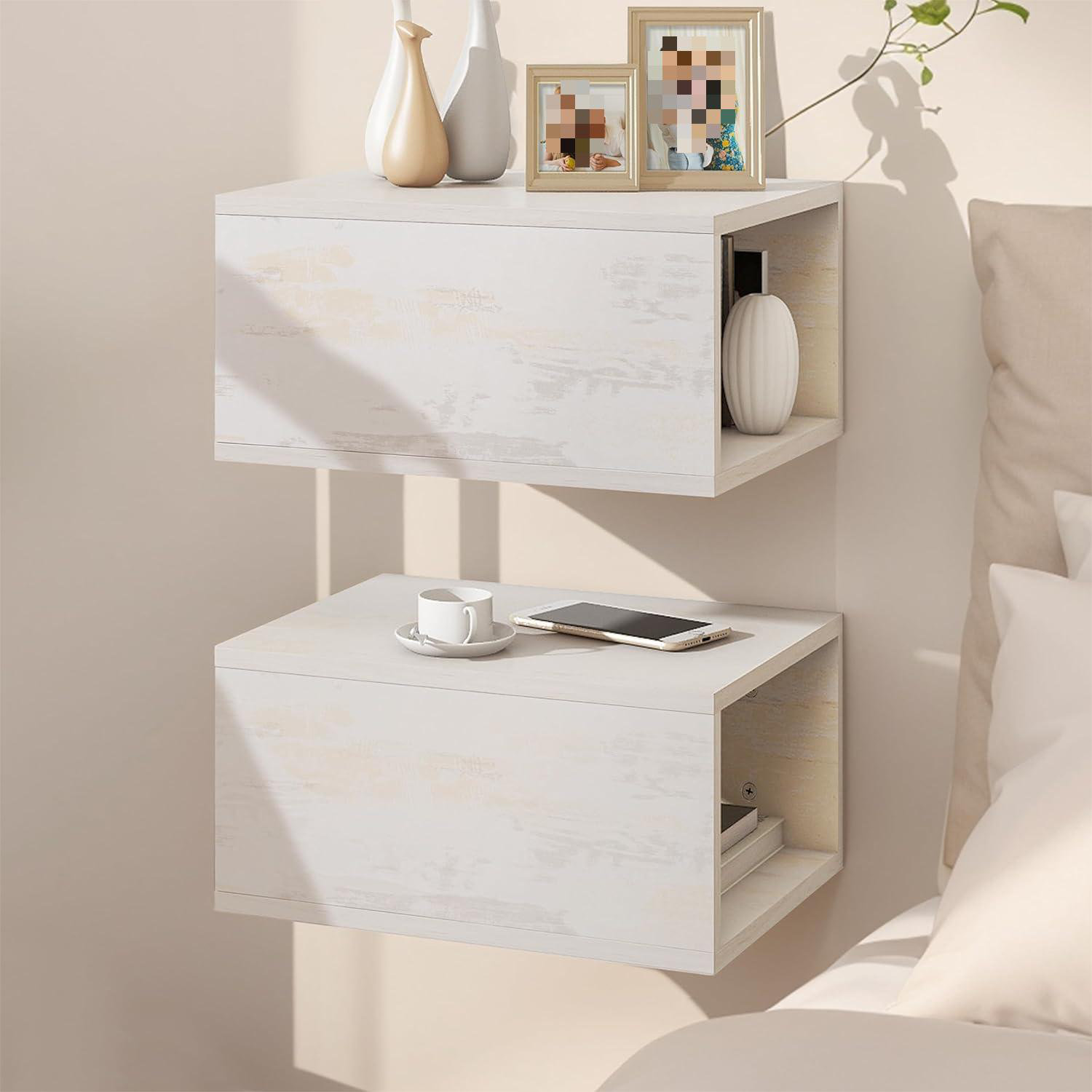Gracie Oaks Floating Nightstand Set Of 2, White Floating Bedside Table ...
