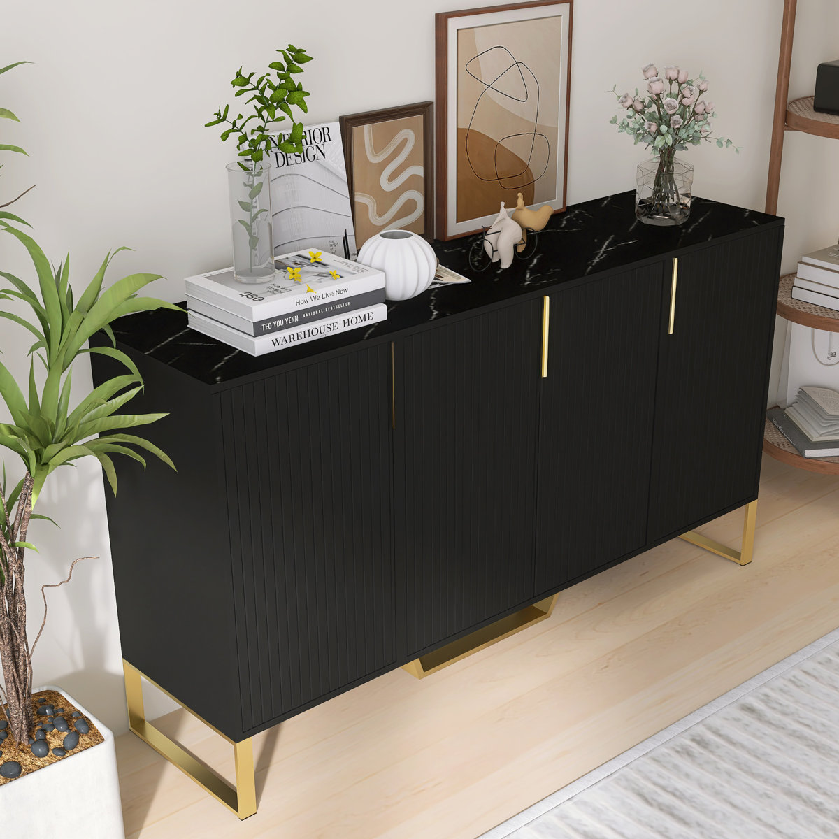 Mercer41 Rish Modern Sideboard With Four Doors, Metal Handles, Legs And ...
