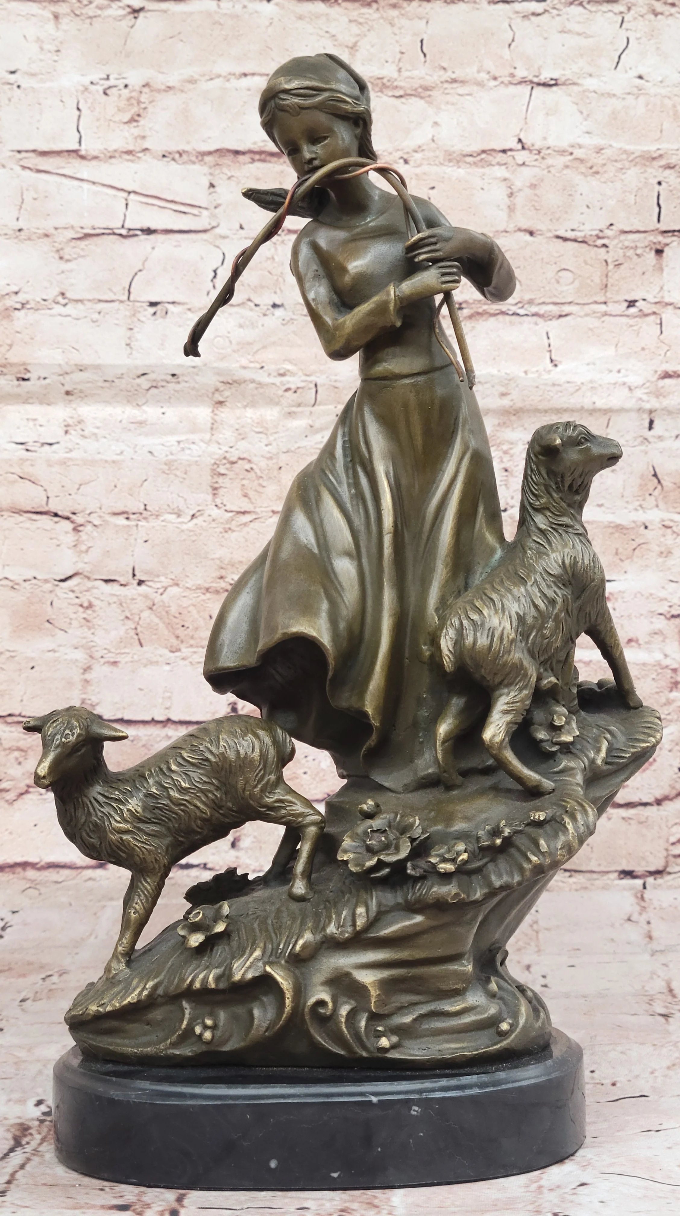 Canora Grey Alazay Charming Bronze Sculpture Of Shepherd Girl With ...