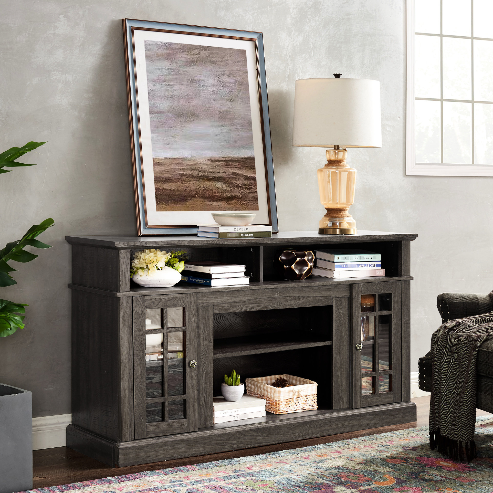 Ophelia & Co. Gray Wash Tv Console With Fireplace. Holds 65" Tv. 3 ...