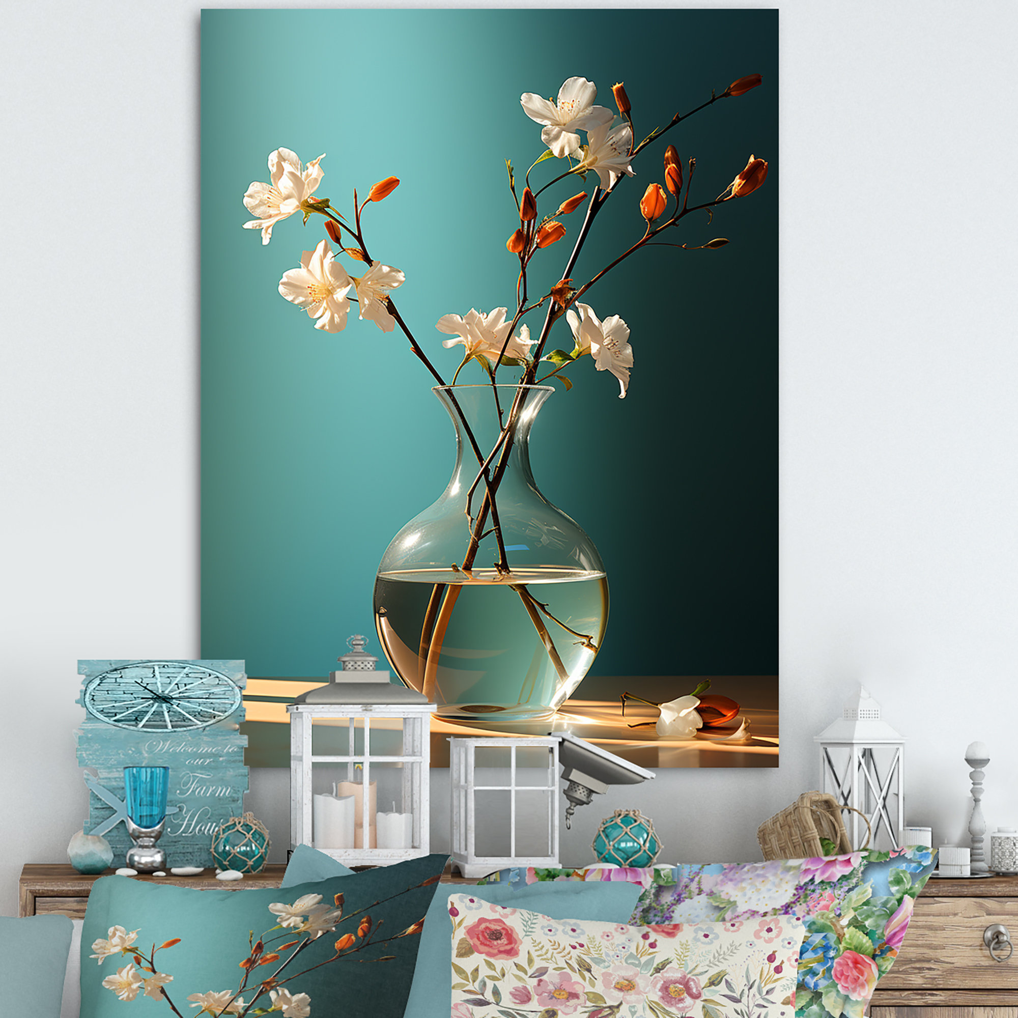 Ebern Designs Turquoise Flower Vase Tranquility I Framed On Canvas ...