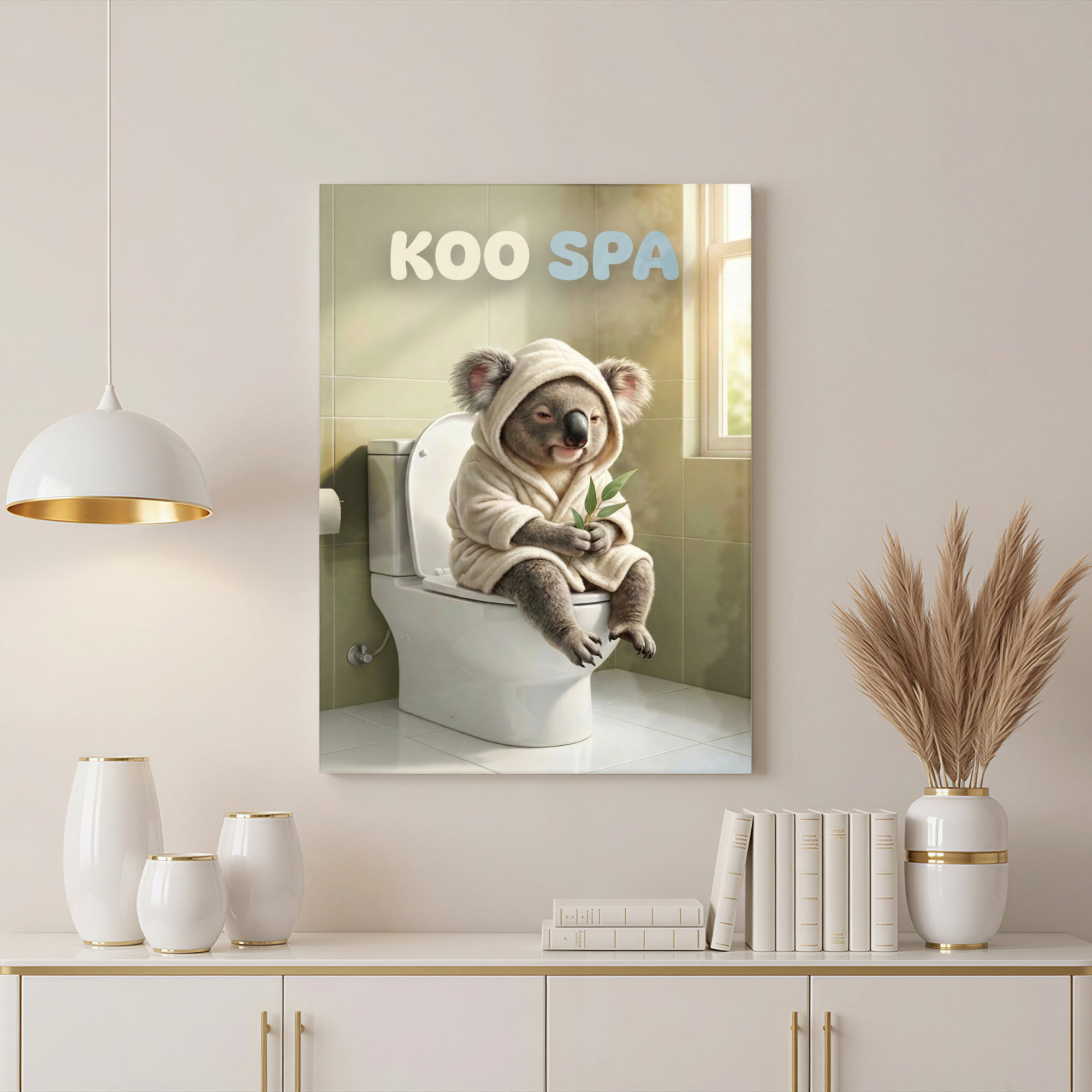 Latitude Run® Koala In Bathrobe On Toilet Canvas Wrapped Wall Art Oil ...