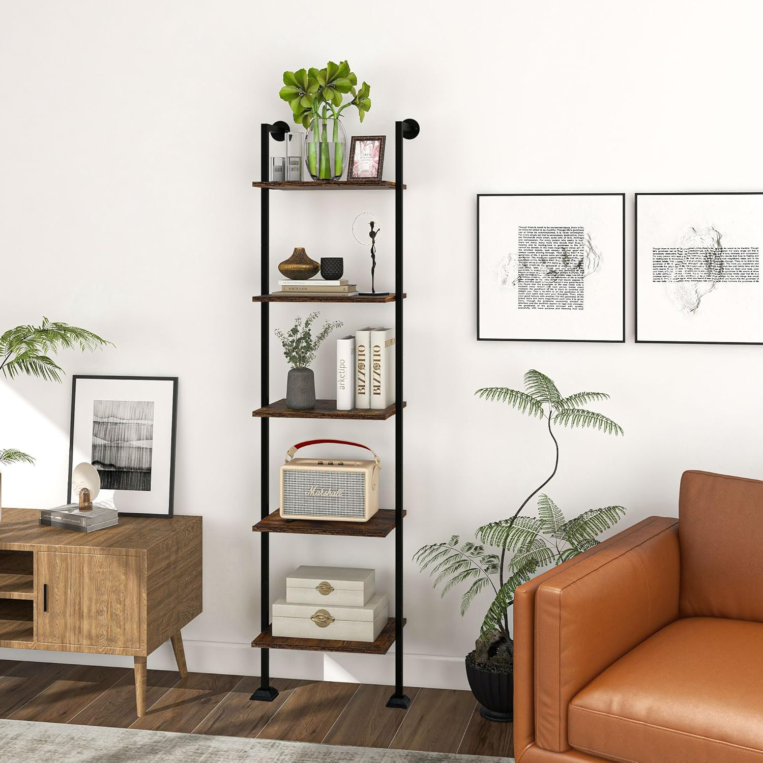 17 Stories 5-Tier Ladder Shelf, Tall Narrow Bookcase For Small Spaces ...