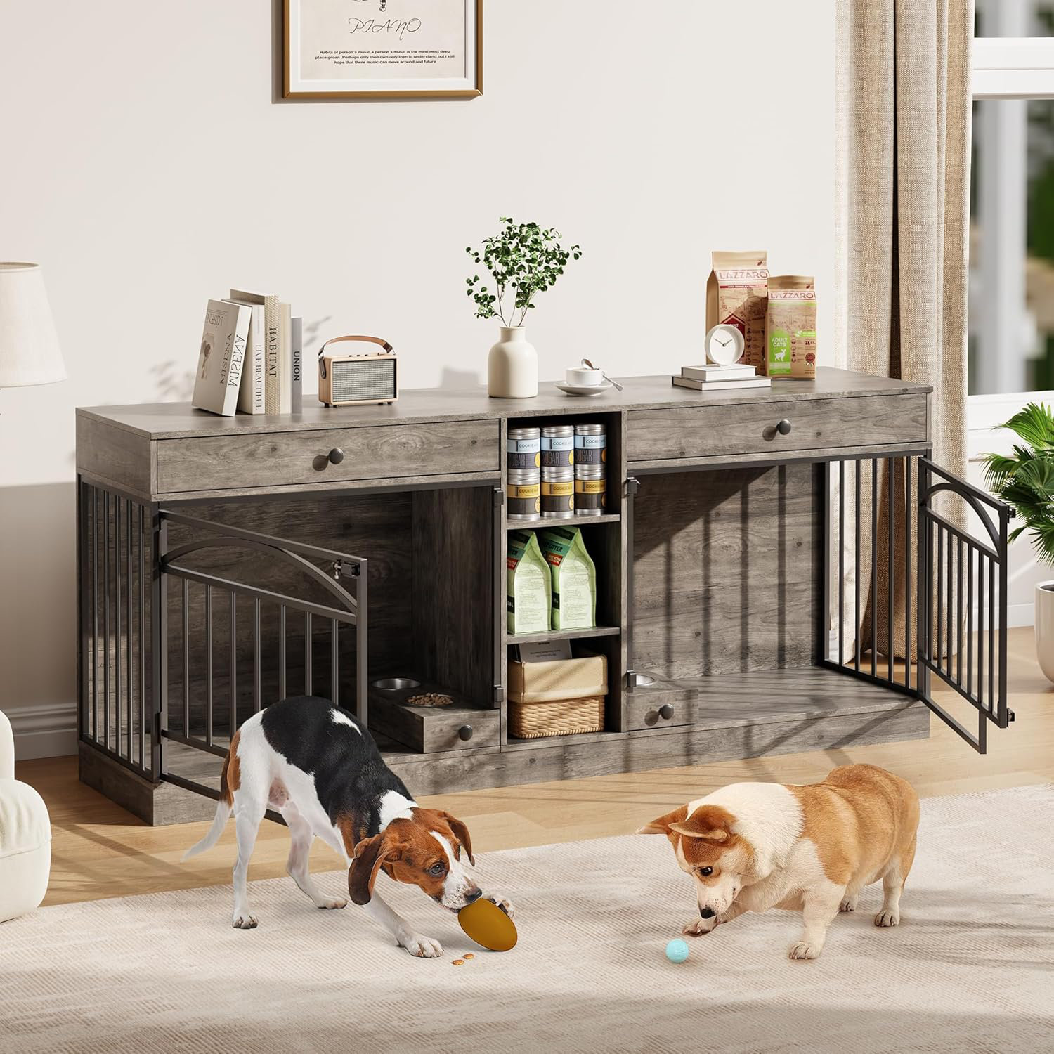 Tucker Murphy Pet™ Double Dog Crate Furniture with Storage & Feeding ...