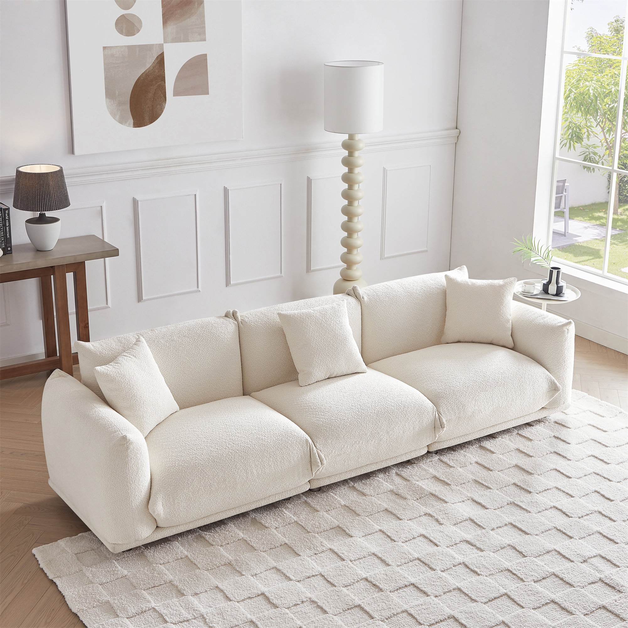 Latitude Run® Solid Wood Frame Couch With 3 Pillows, Camel Lambswool ...