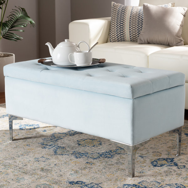 Blue Elephant Velvet Tufted Rectangle Solid Colour Ottoman with Storage ...