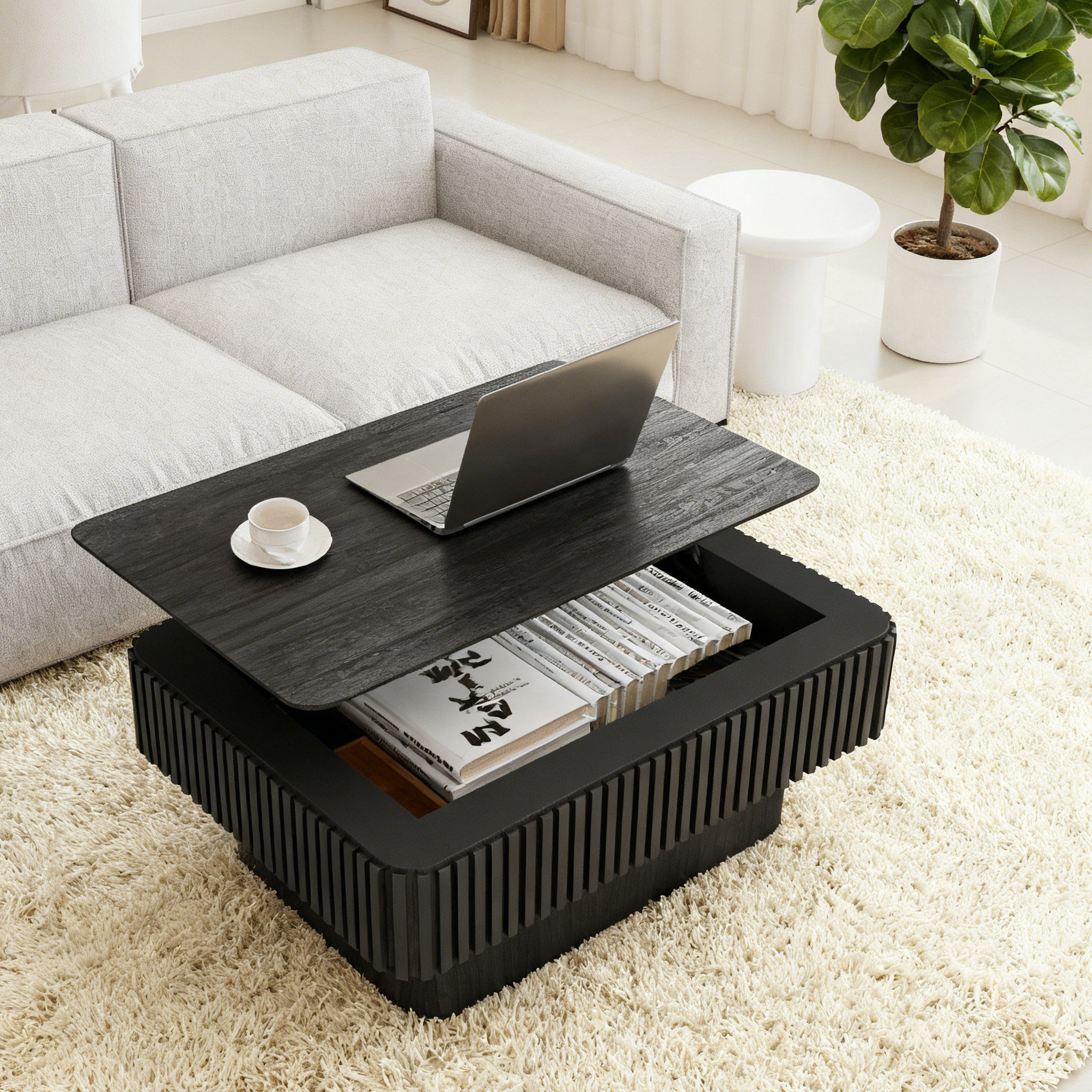 Loon Peak® 38.6'' Fluted Lift-Top Coffee Table Solid Wood Veneered ...