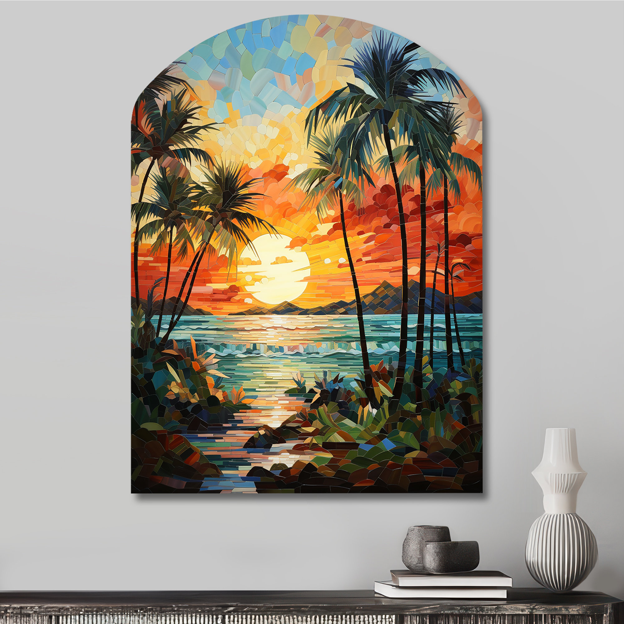 Design Art Orange Palm Trees Mosaic III - Palms & Palm Trees Arch Shape ...