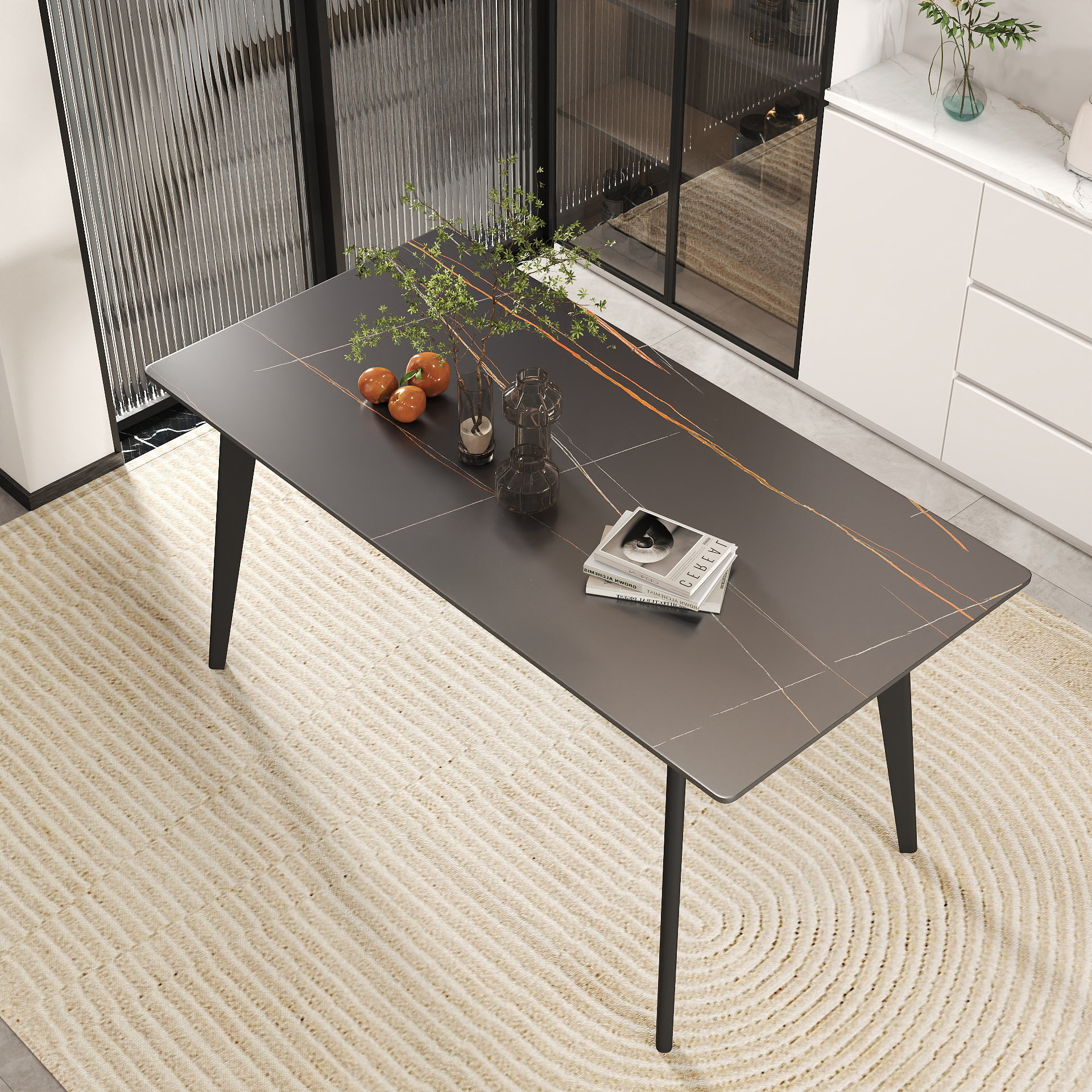 Nedek Menifee Nedek 55.11'' Modern Rectangular Large Corner Of Sintered Stone Dining Table With ...