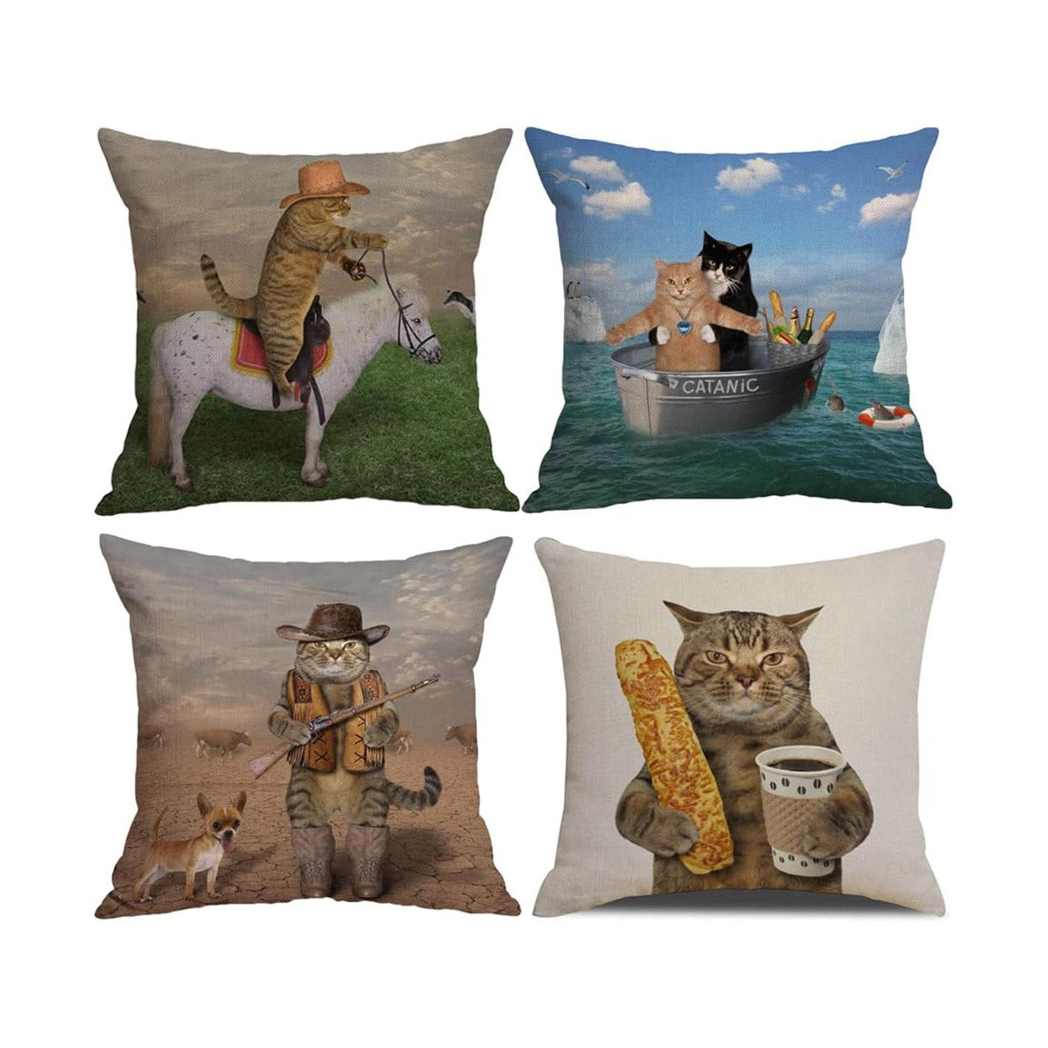 Home Moderne-N Set Of 4 Rustic Holiday Spring Funny Cat Pillow Covers ...