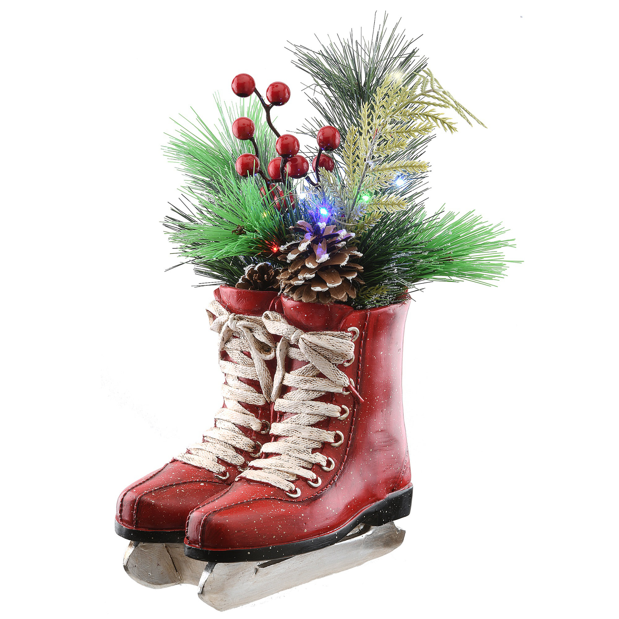 The Holiday Aisle® 12" Pre-Lit Ice Skates with Evergreen Arrangement ...