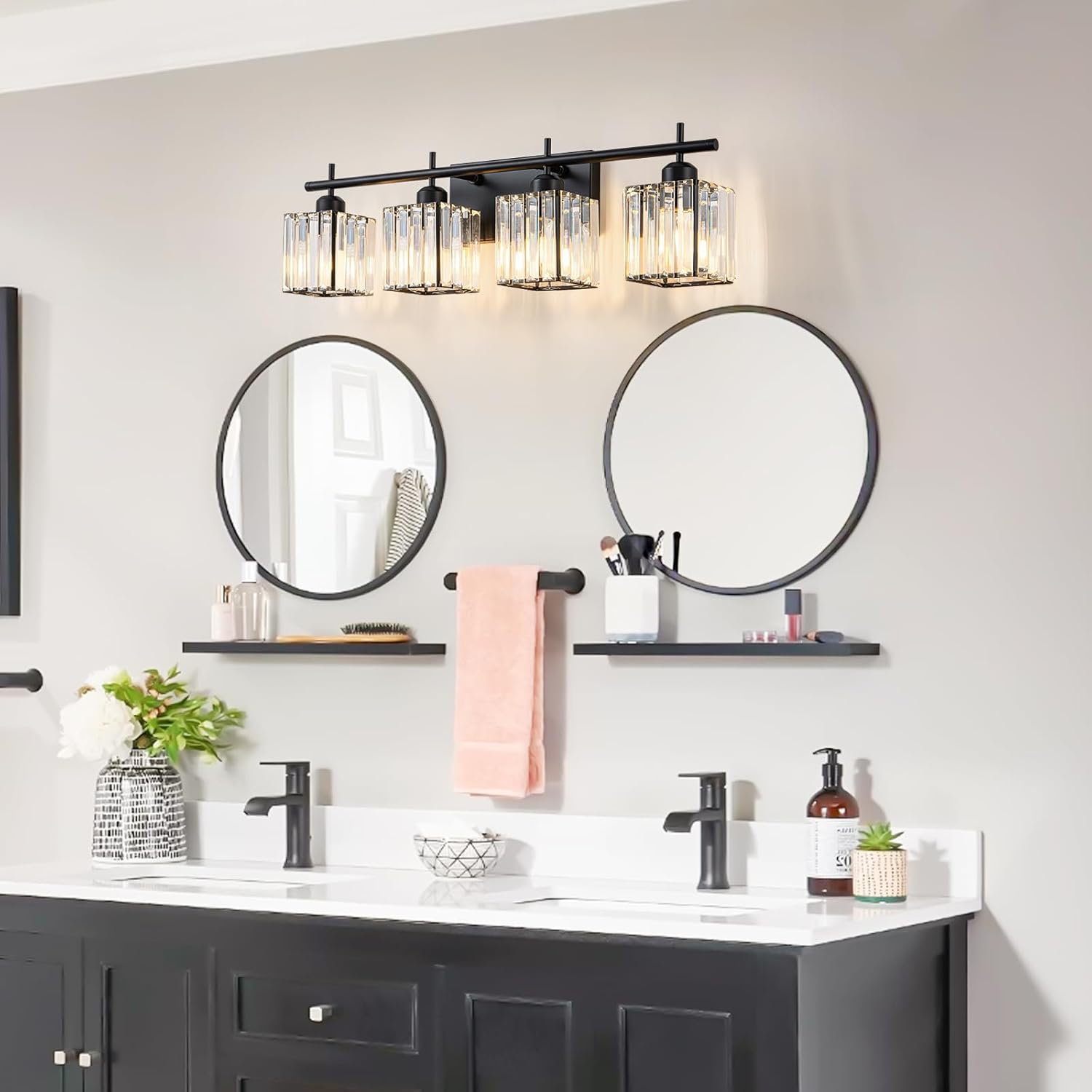 BEAUTY DEPOT Modern 4-Light Crystal Bathroom Vanity Light, Matte Black ...