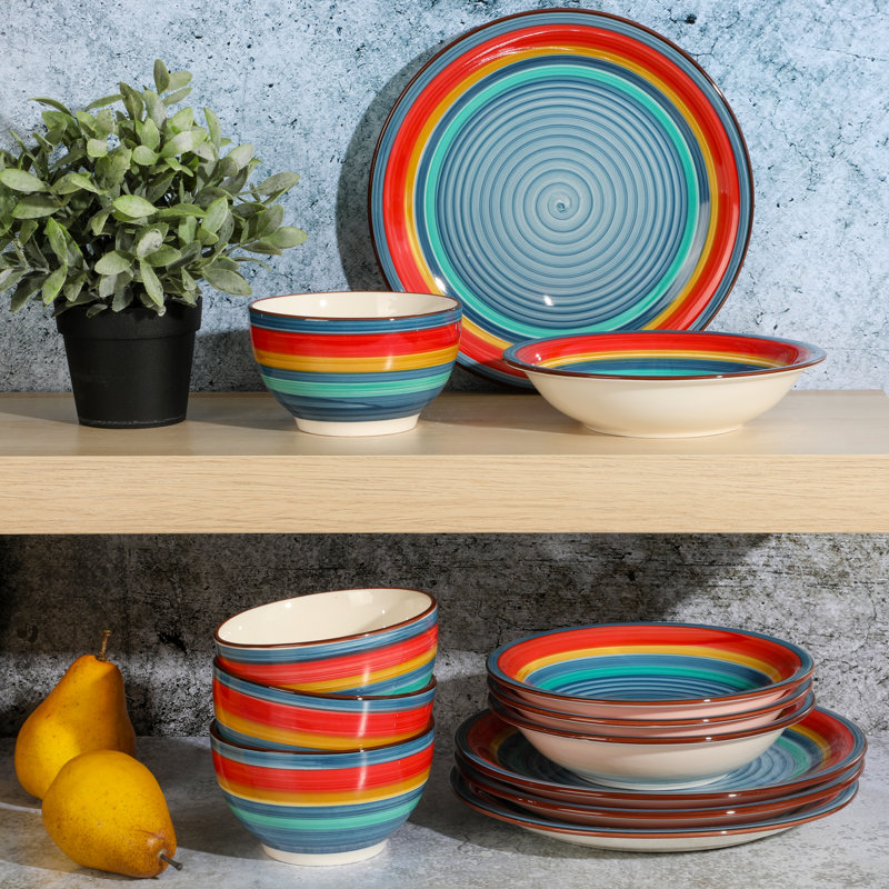 Gibson Home Rainbow 12 Piece Hand-Painted Stoneware Dinnerware Set ...