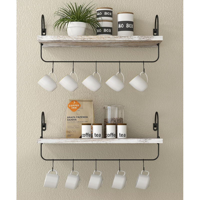 Rebrilliant Coffee Mug Holder, Coffee Bar Shelf With Hooks Wall Mount ...