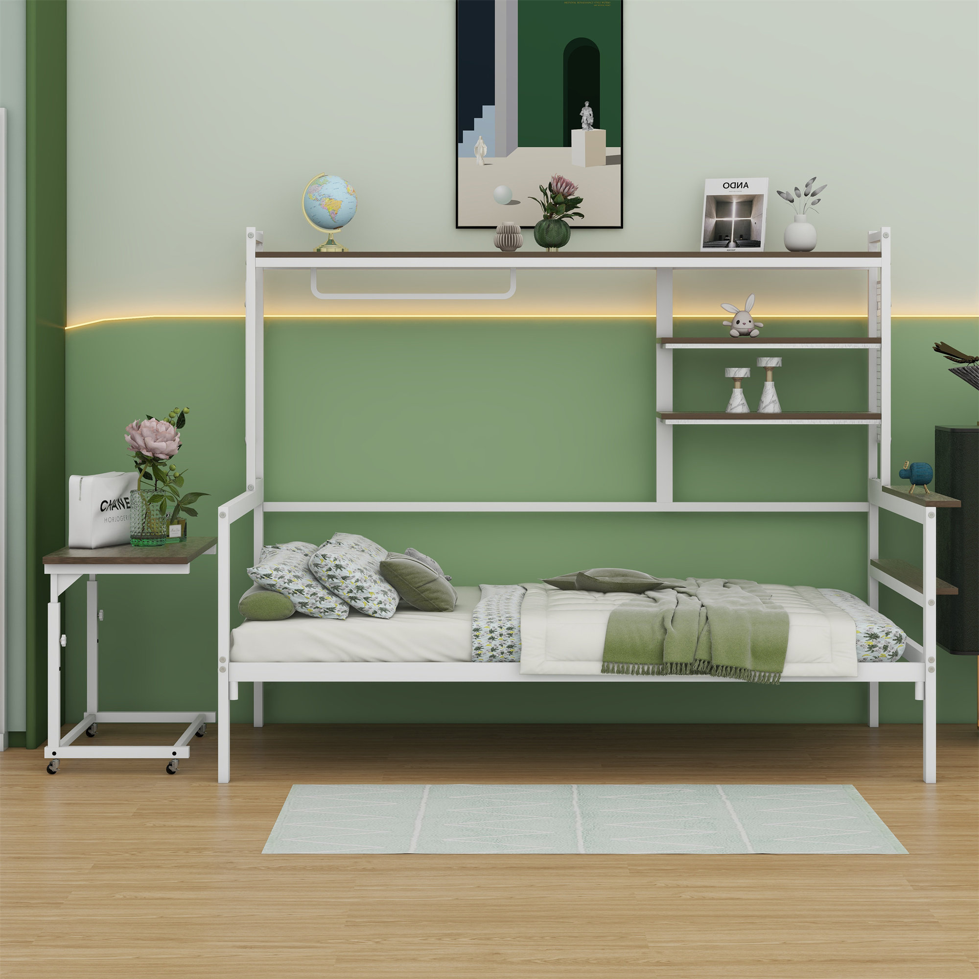 17 Stories Metal Daybed With Movable Desk, Metal Grid, Shelves And ...