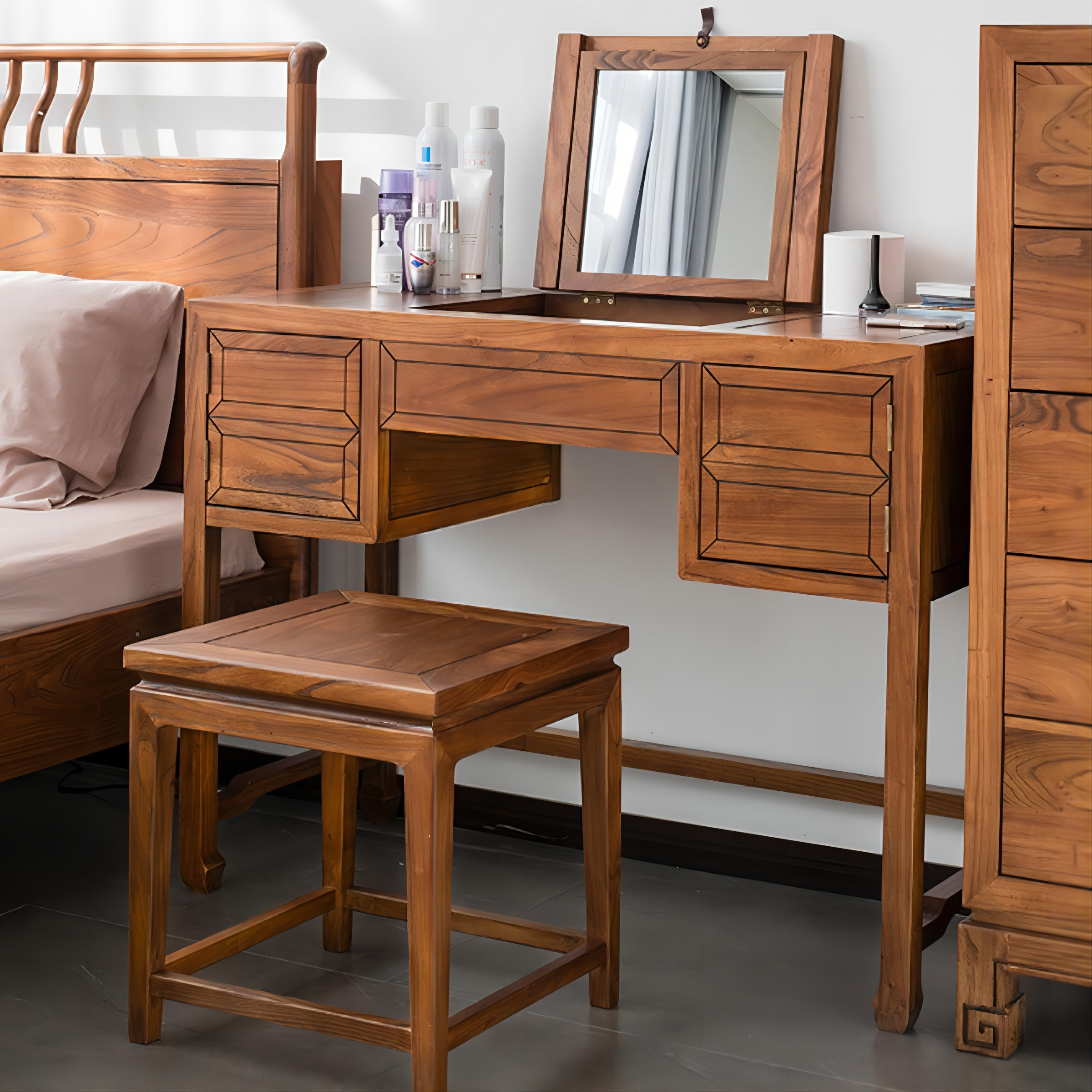 Loon Peak 39.37"Browm Solid wood dressing table with mirror and stool ...