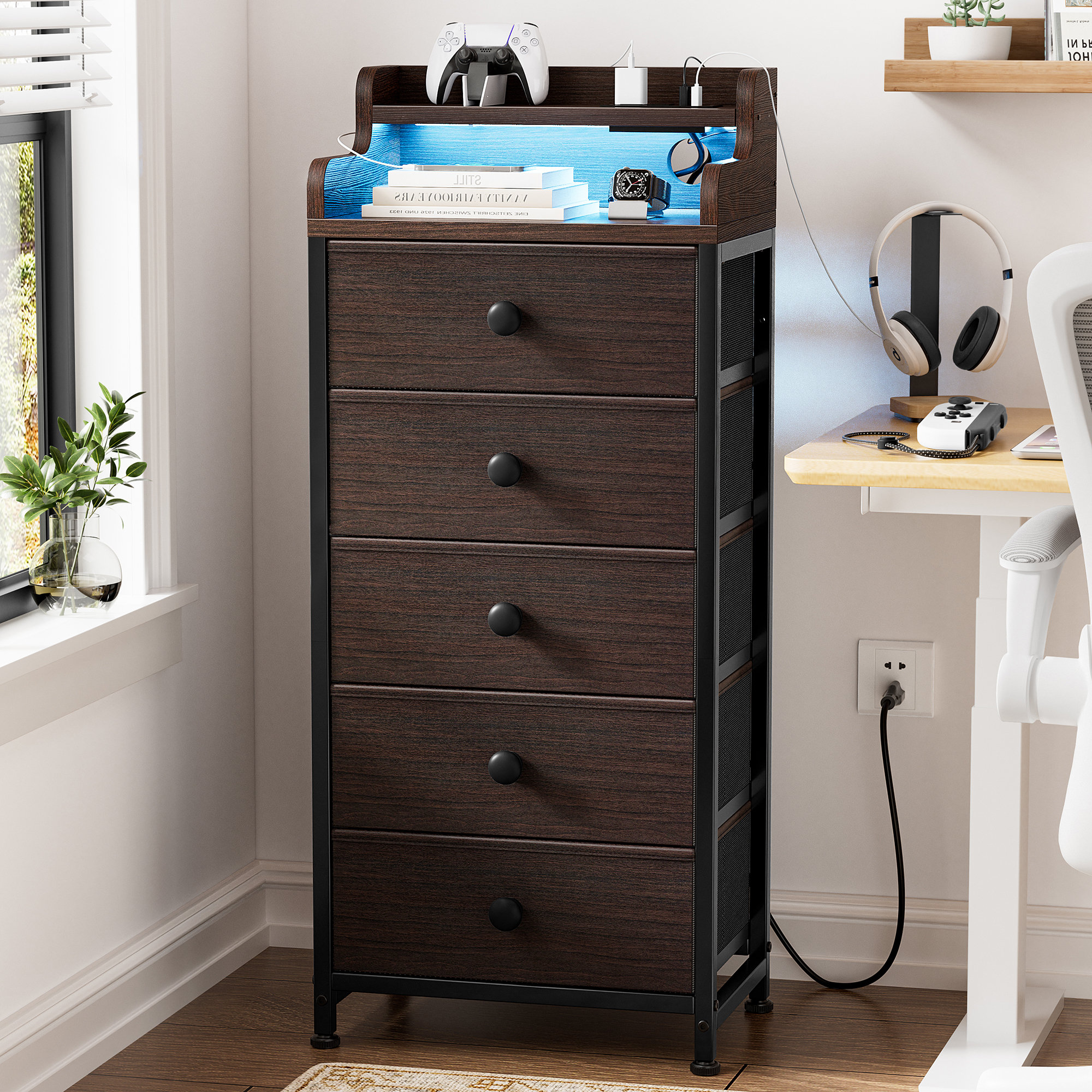 Rebrilliant Saroun 5 - Drawer Dresser With 2-Tier Open Shelf, Dresser ...