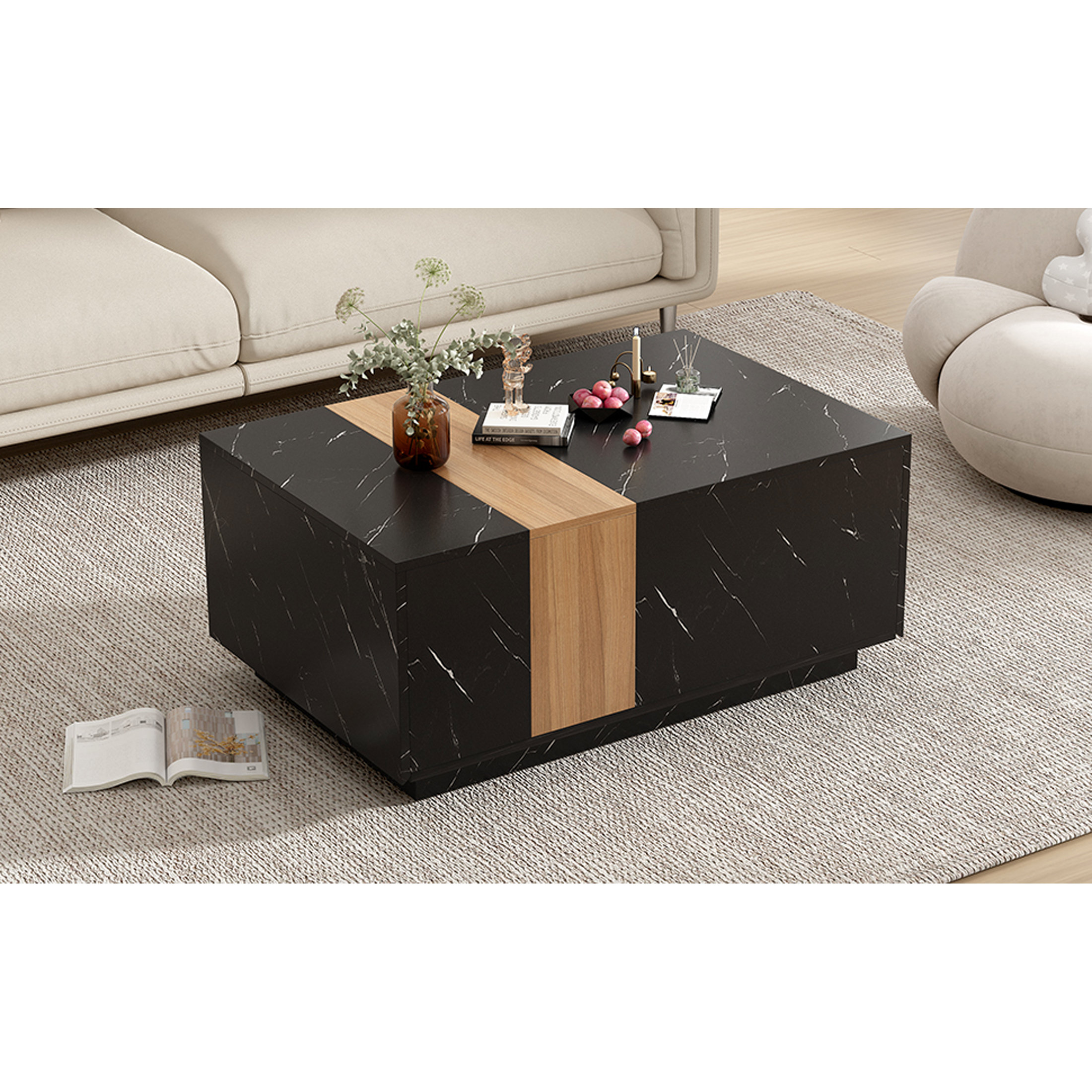 Wrought Studio Modern 35.4 x 23.6 Inch Two-tone Coffee Table with Faux Marble and Walnut Wood ...