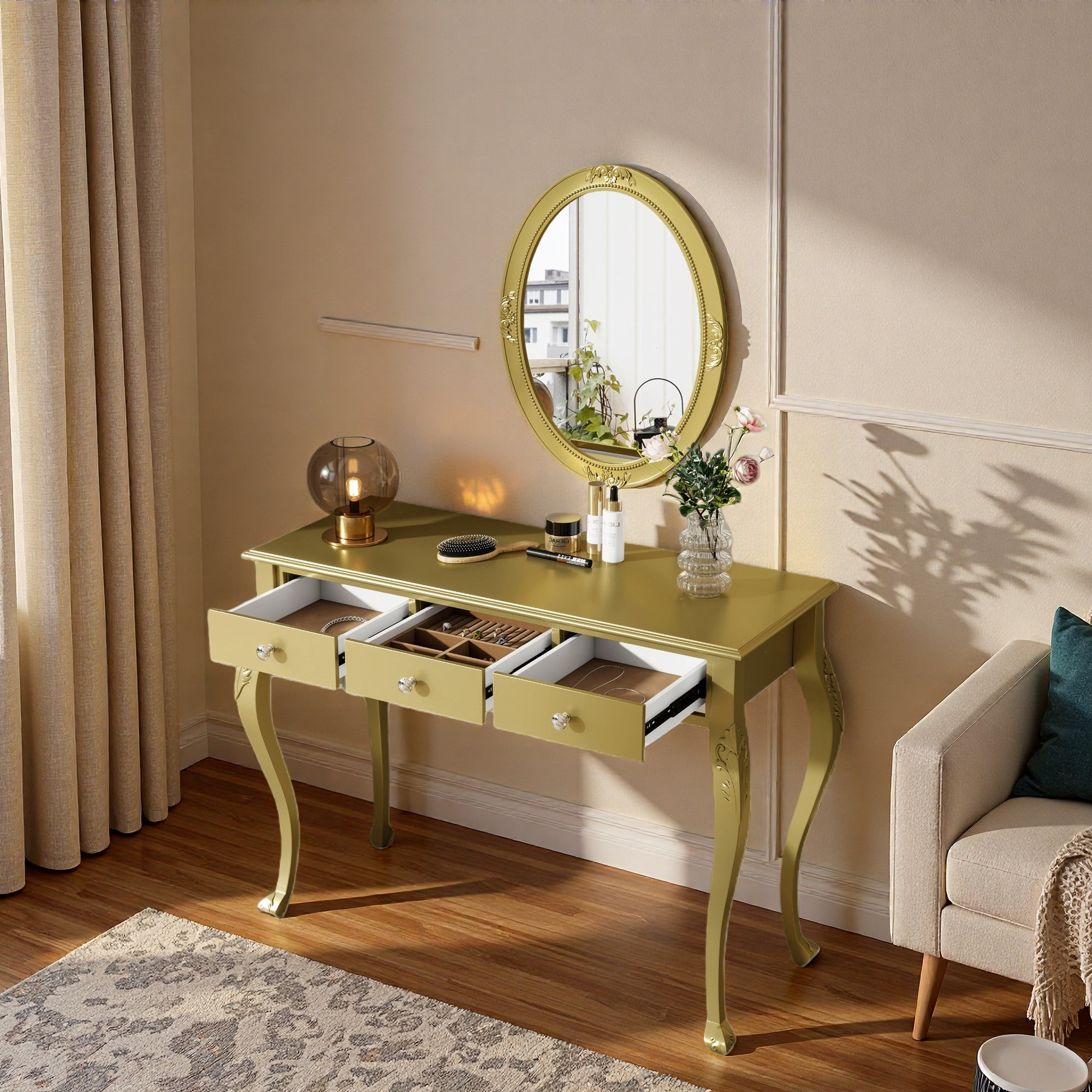Latitude Run® Luxury Makeup Vanity Desk With Oval Mirror, 3 Drawers And ...