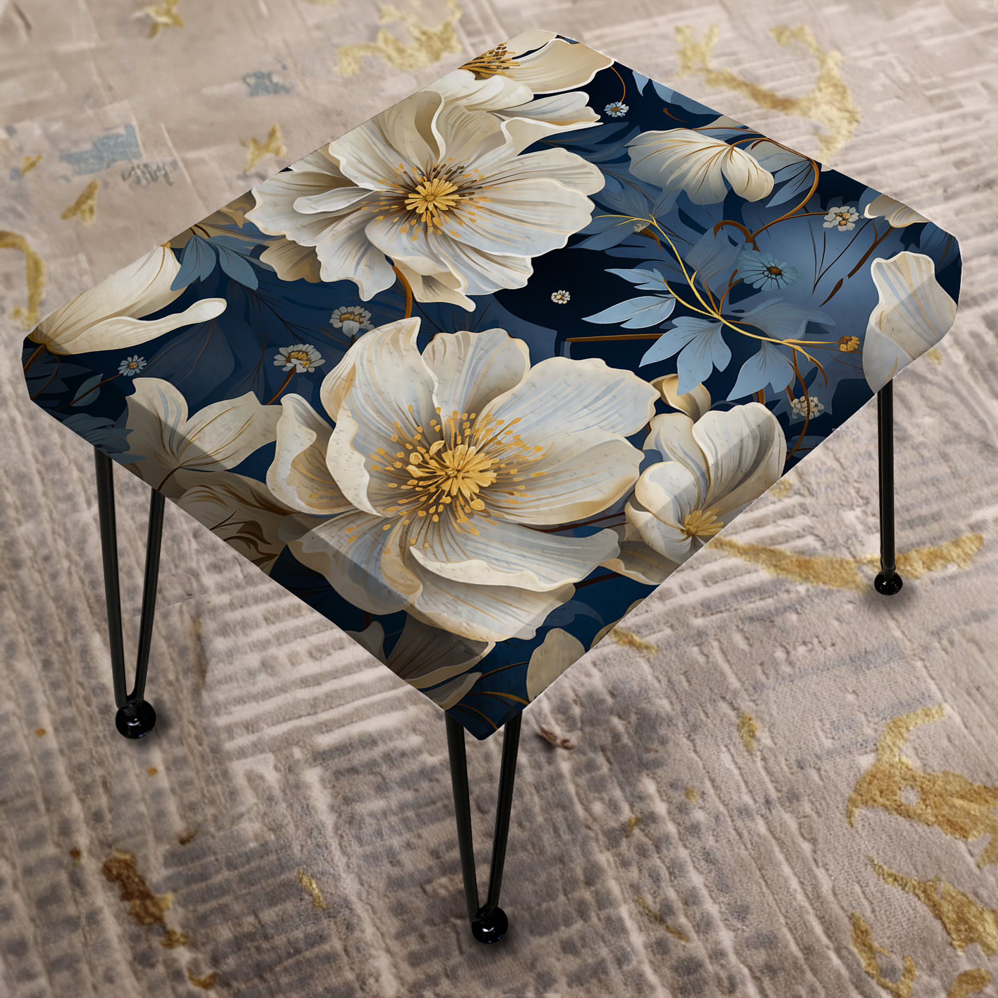 Design Art Beige And Blue Farmhouse Floral Pattern - Floral Rectangle ...