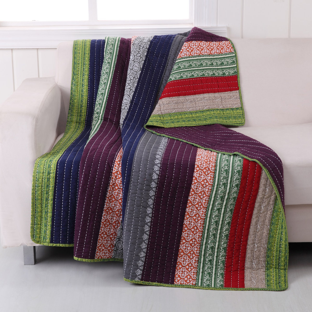 Greenland Home Fashions Marley Patchwork Stripe Cotton Quilted Throw ...