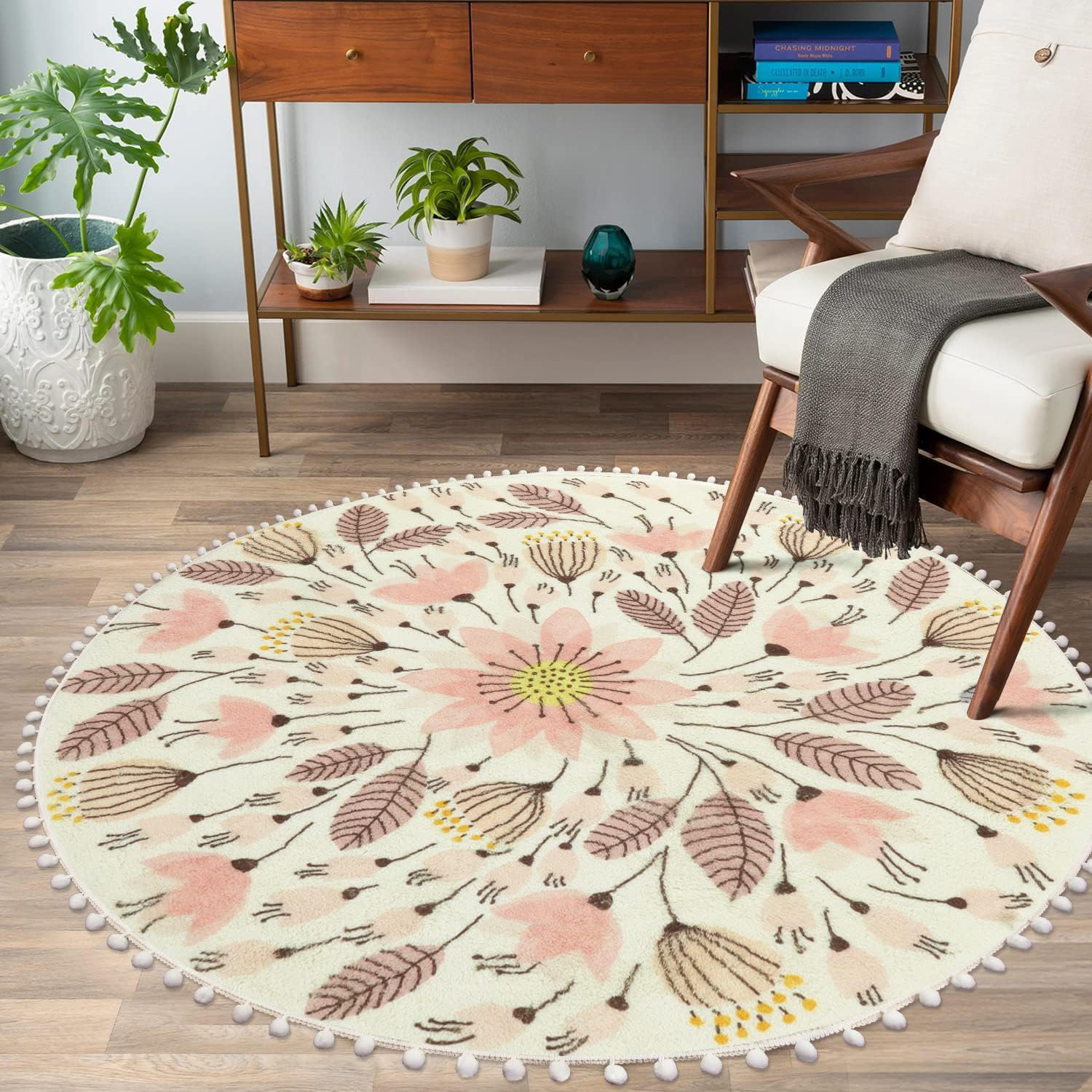 Bungalow Rose Round Area Rug With Fringe Floral Plant Washable Throw ...