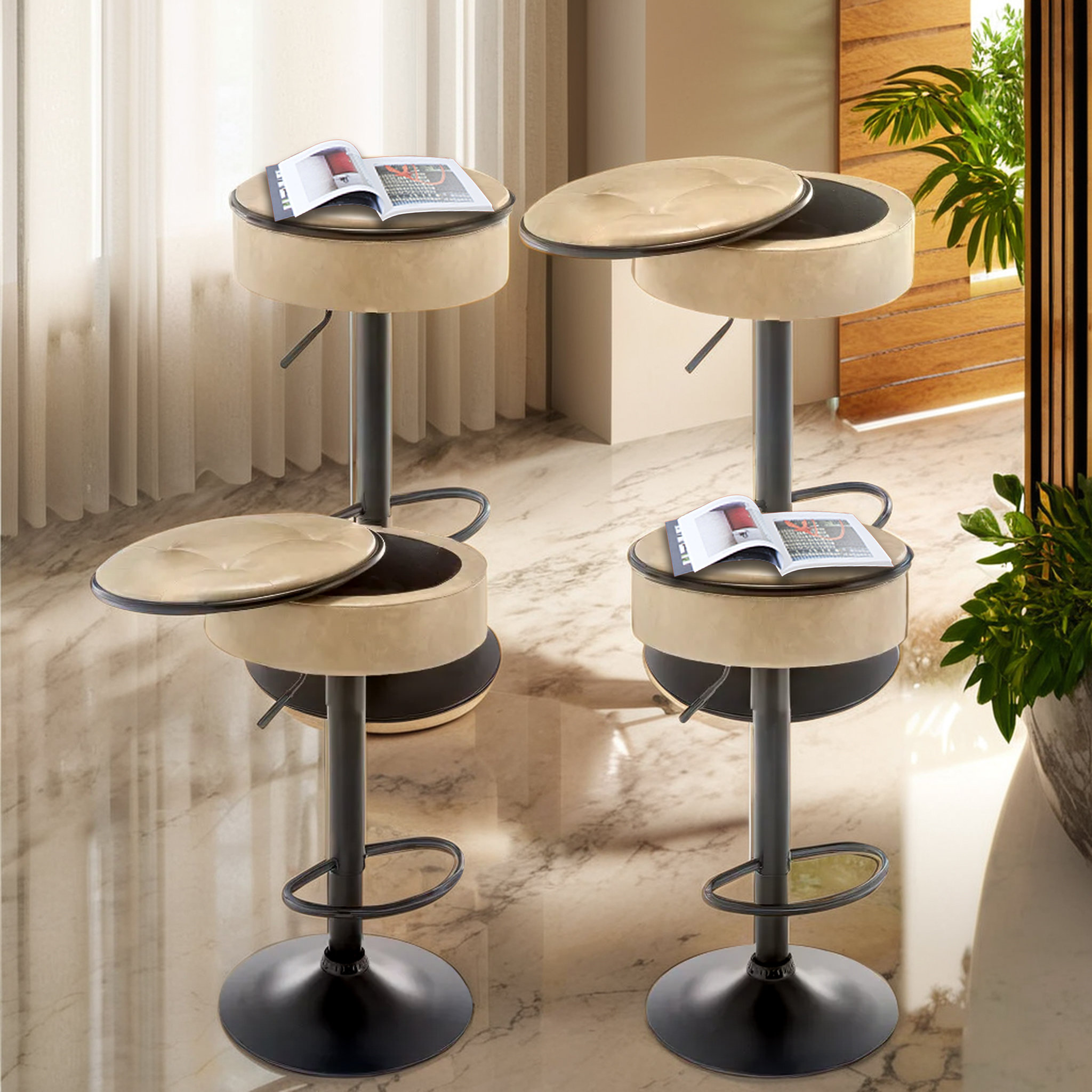 Hokku Designs Round Storage Bar Stool Adjustable Swivel Leather(Set of ...