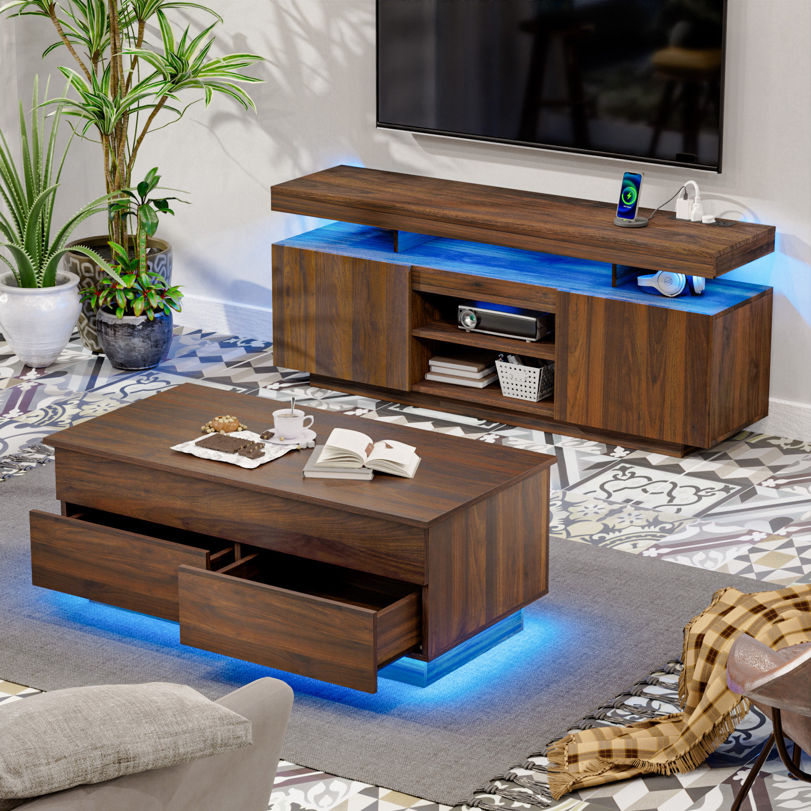 Wade Logan Aviad Lift Top Coffee Table with Multifunctional RGB LED ...