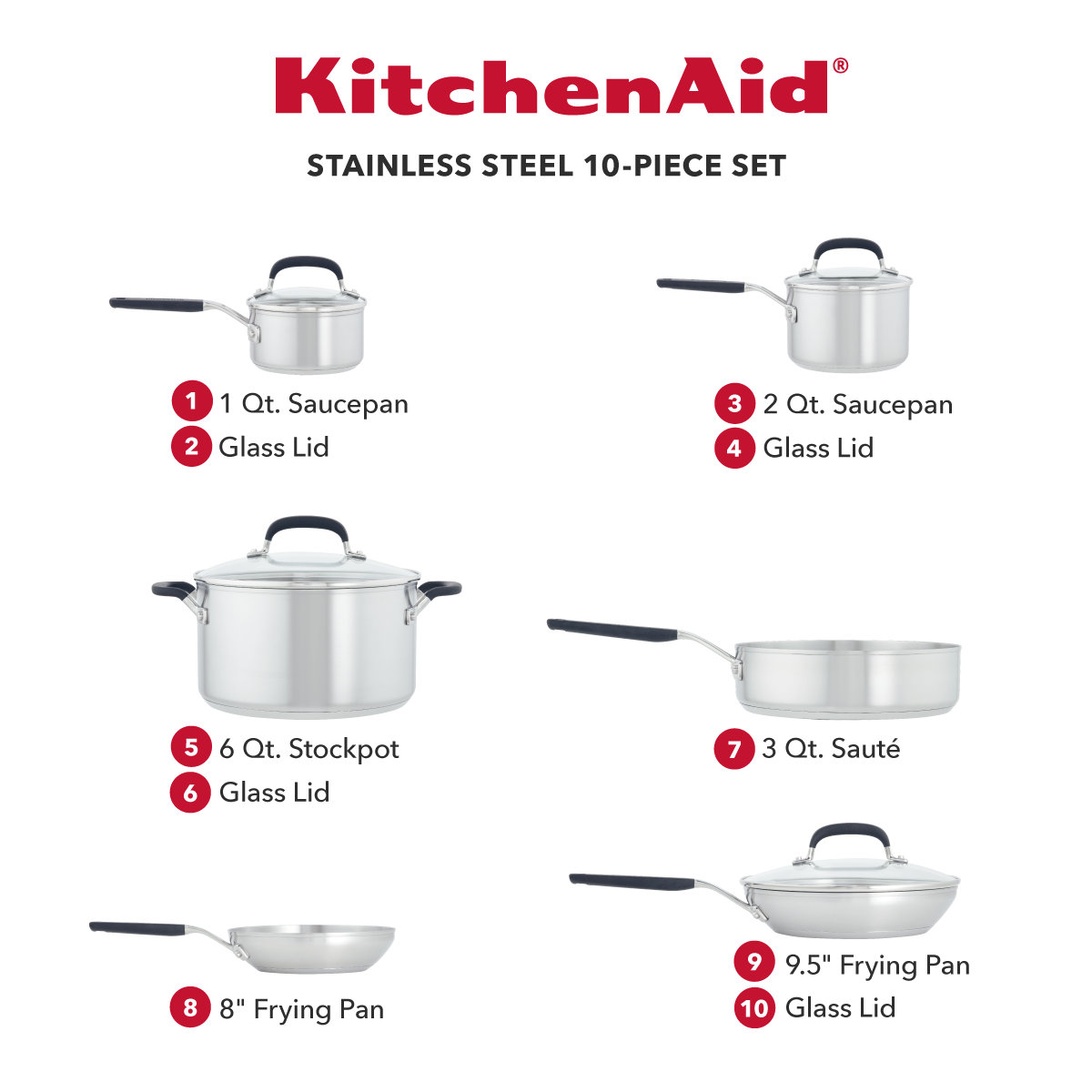 KitchenAid® Brushed Stainless Steel Cookware Pots and Pans Set, 10 ...