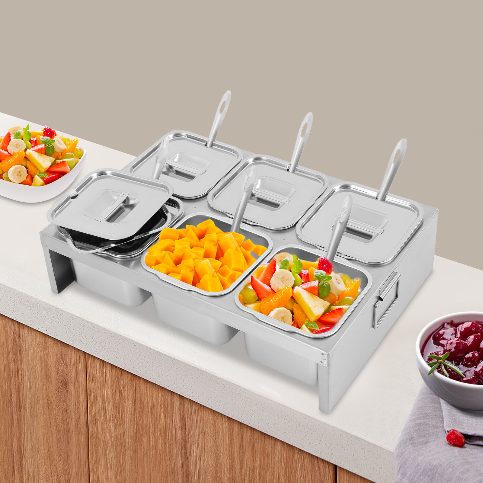 JOYDING 6-Container Pizza Topping Station Stainless Steel Condiment ...