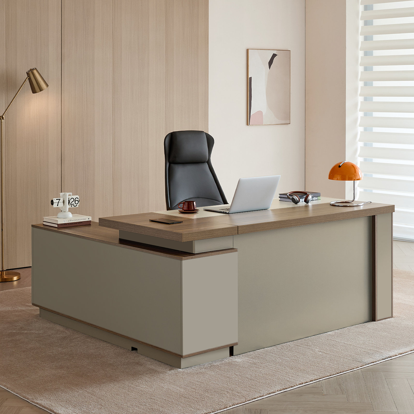 Latitude Run® Luxury L-Shaped Ergonomic Executive Desk With Integrated ...