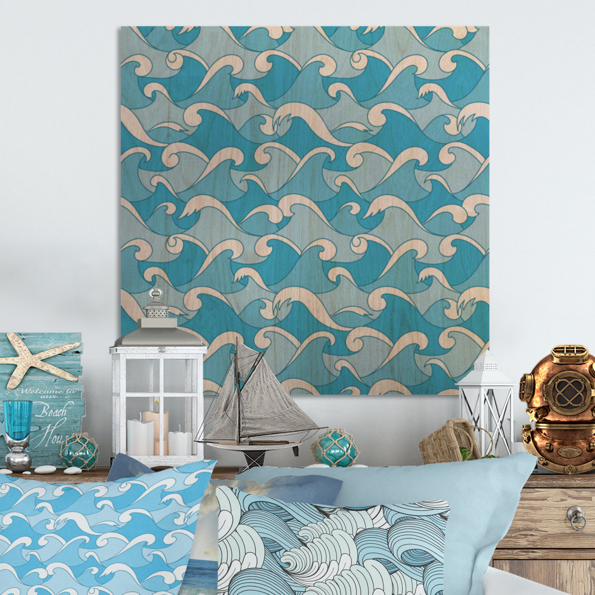 Dovecove Abstract Sea Waves In Light Blue - Nautical & Coastal Print on ...