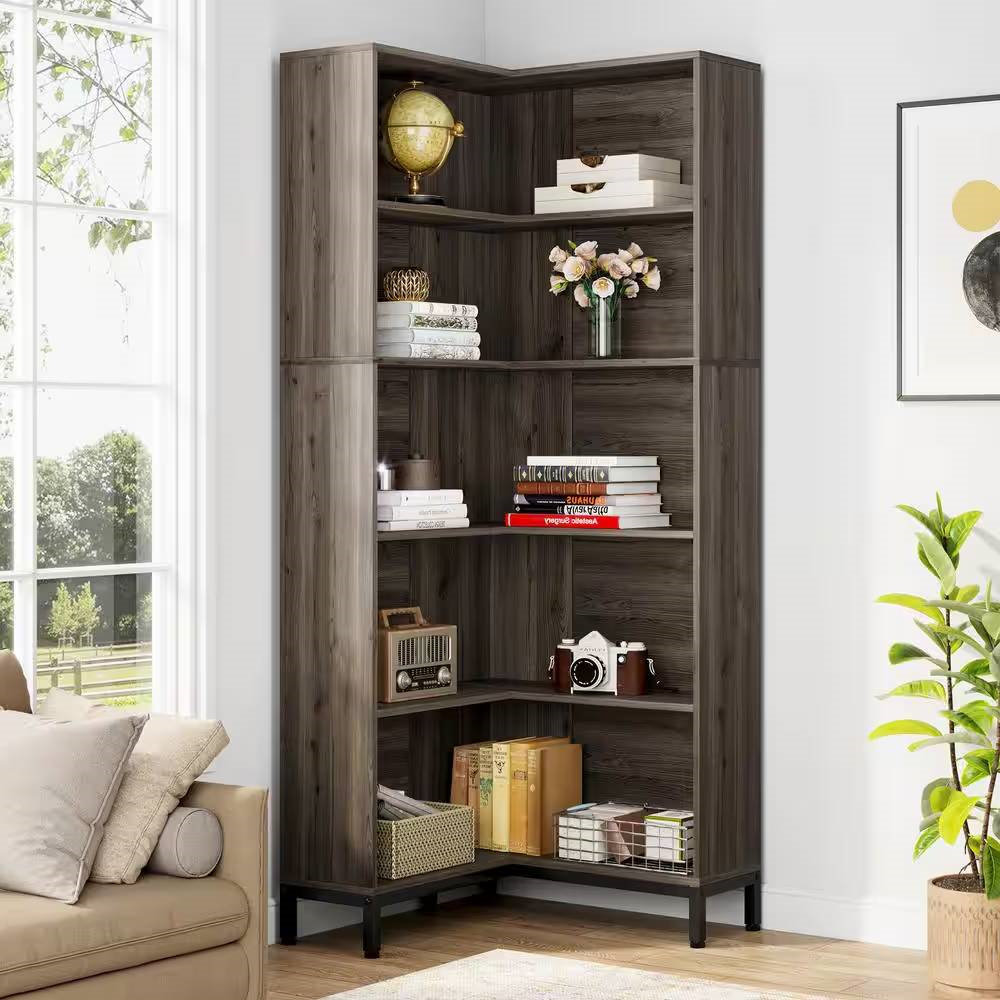 Latitude Run® 71-inch High Corner Bookcase Bookshelf in Dark Gray Wood ...