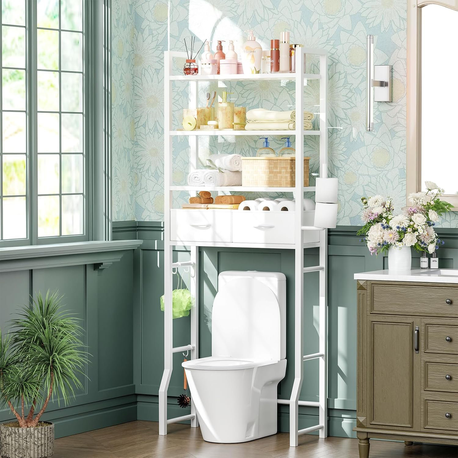 17 Stories 4-Tier Over The Toilet Storage Shelf With Drawers & Hooks ...