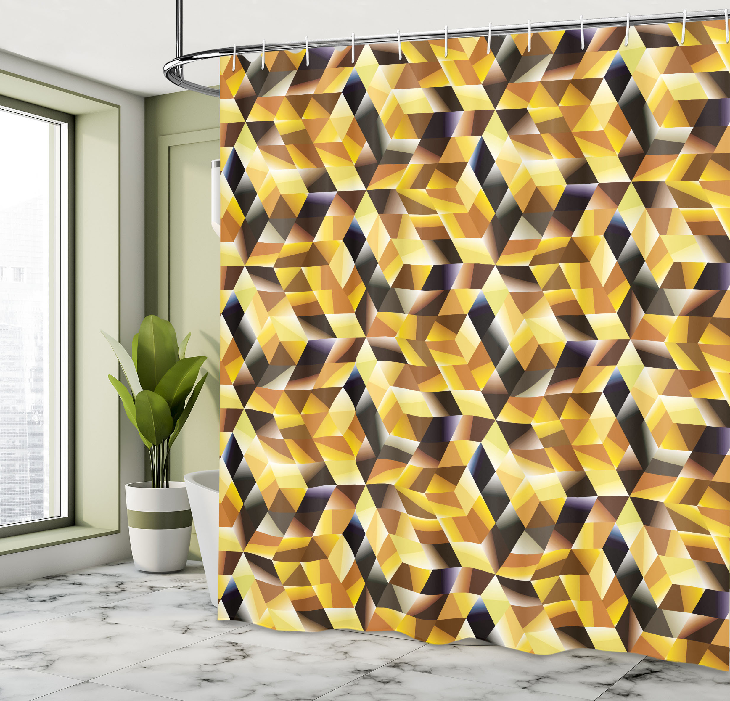 Ivy Bronx Abstract Shower Curtain Graphic Cubes Blocks Black Yellow ...