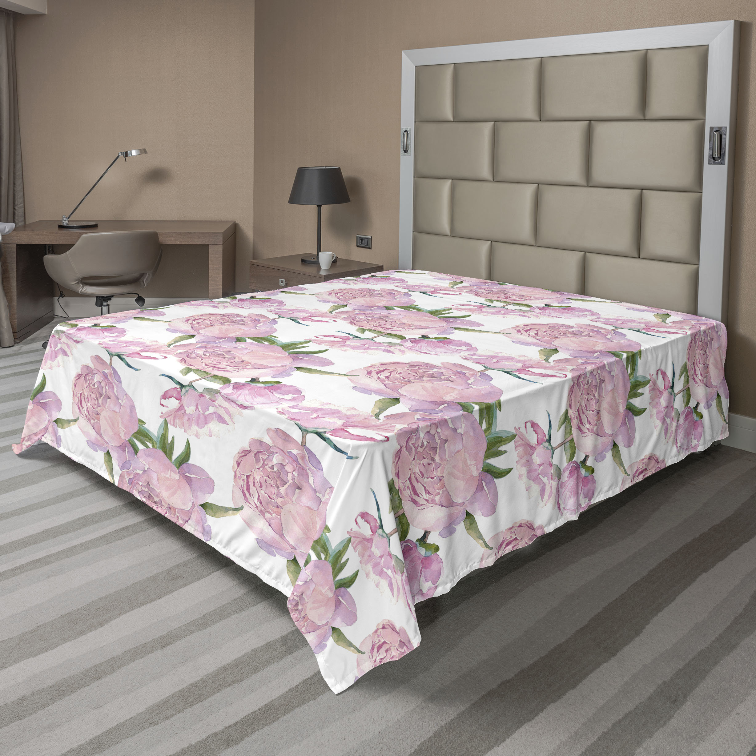 Ambesonne Peony Flat Sheet Aquarelle Cottacore Floral Lilac Olive Green ...