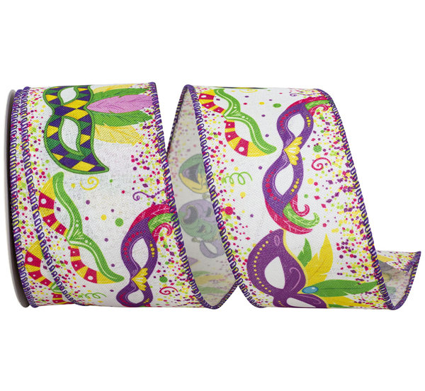 The Holiday Aisle® 2-1/2"X10yd Purple Mardi Gras Masks Linen Wired Edge ...