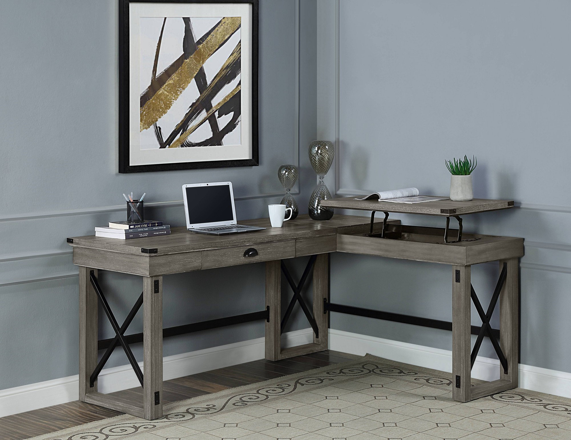 Gracie Oaks L-Shaped Writing Desk, Office Desk With Lift Top | Wayfair