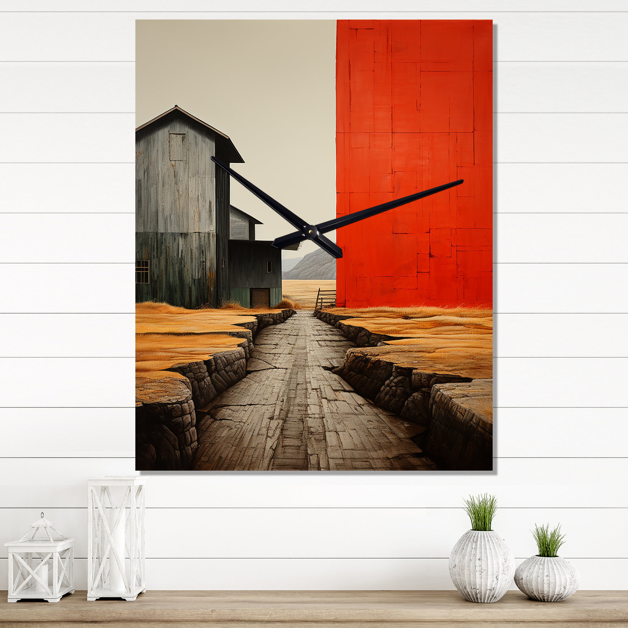 Design Art Landscape Barns Rural Patchwork V - Farmhouse Wall Clock ...