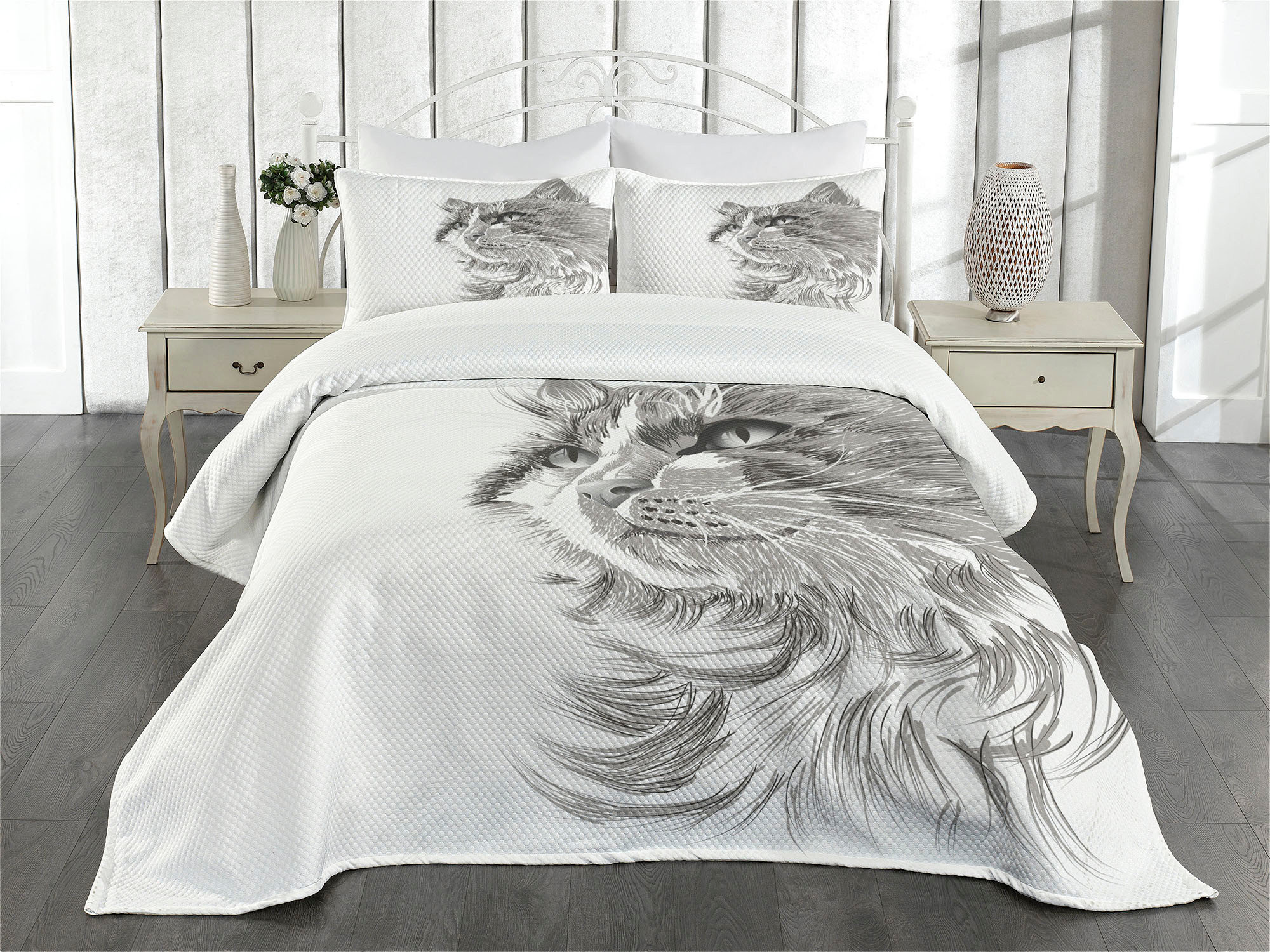 Ambesonne Animal Bedspread Set Cat Portrait Kitten Grey White | Wayfair