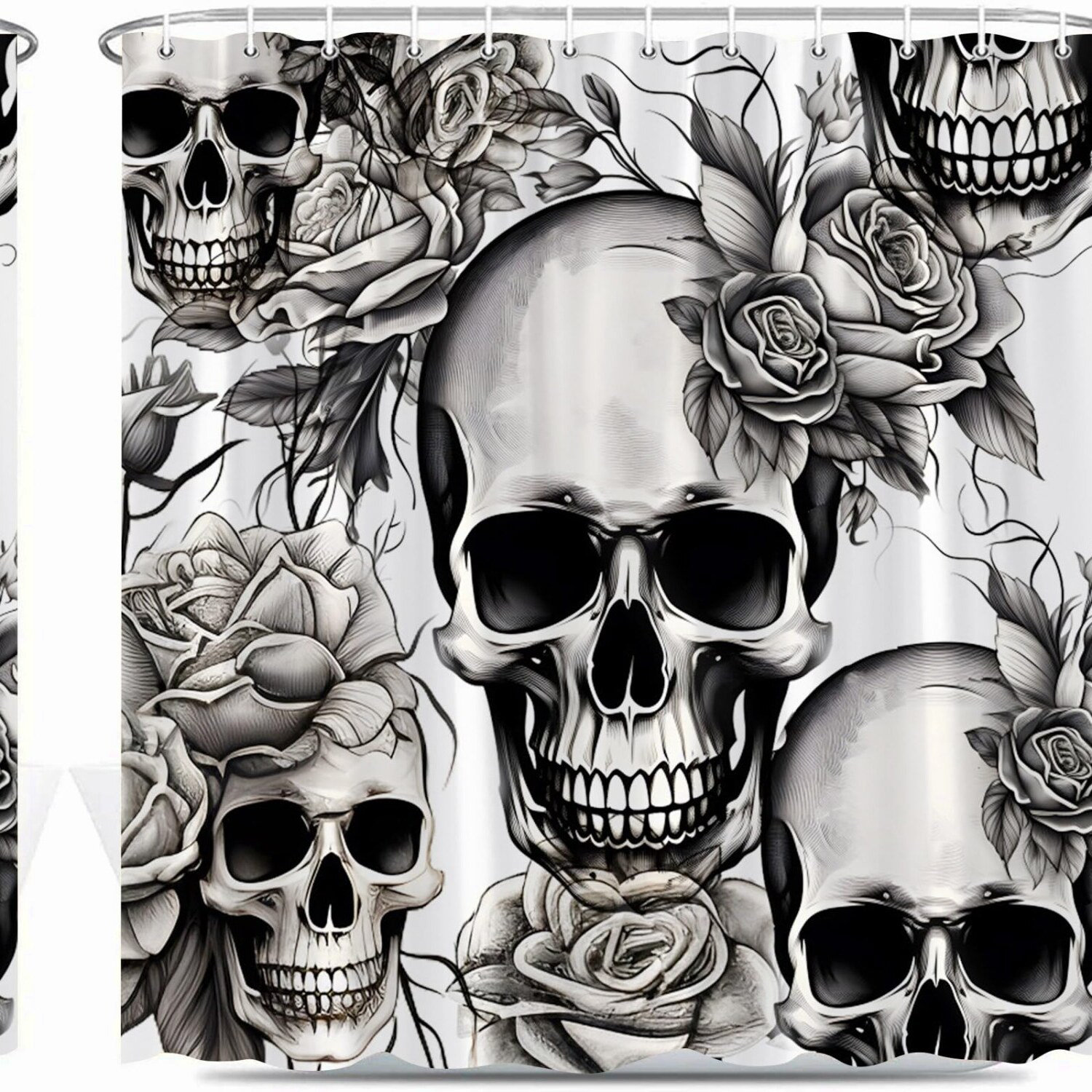 Mercer41 Vintage Gothic Skull Shower Curtain - Black Skeleton Floral ...