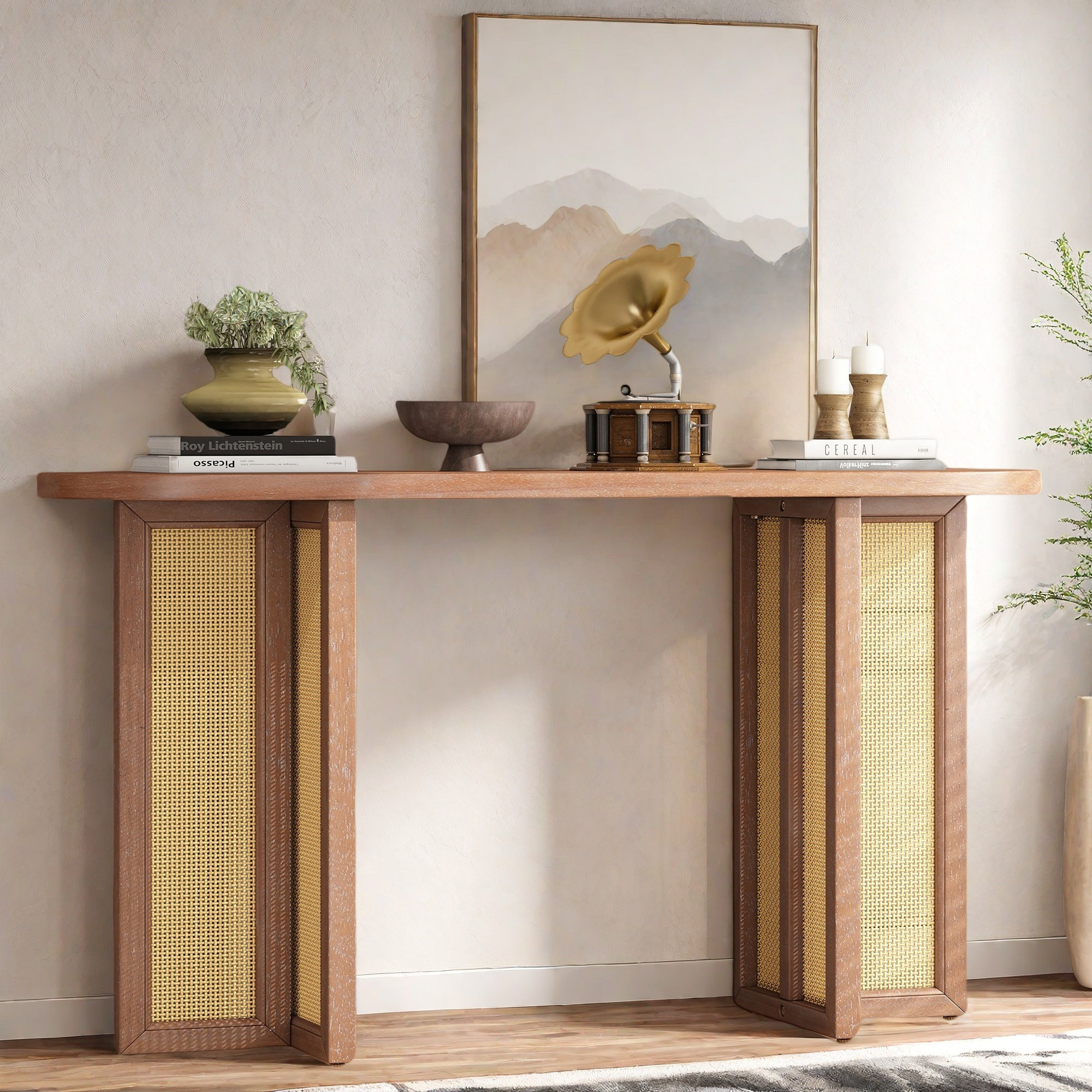 Bay Isle Home™ Farmhouse Rattan Console Table With Oval Tabletop And L ...