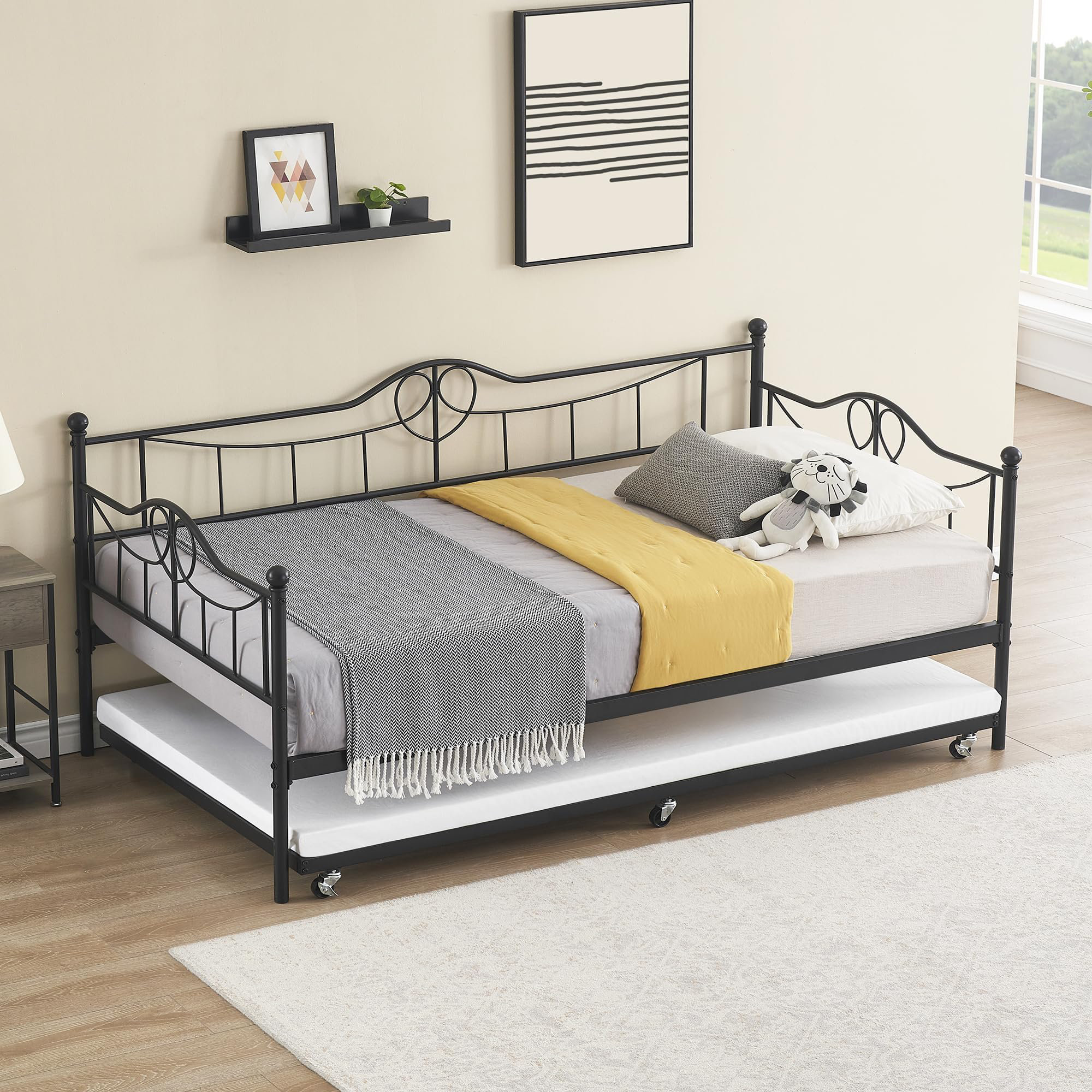Lark Manor Twin Daybed With Trundle, Modern Pull Out Metal Day Bed With ...