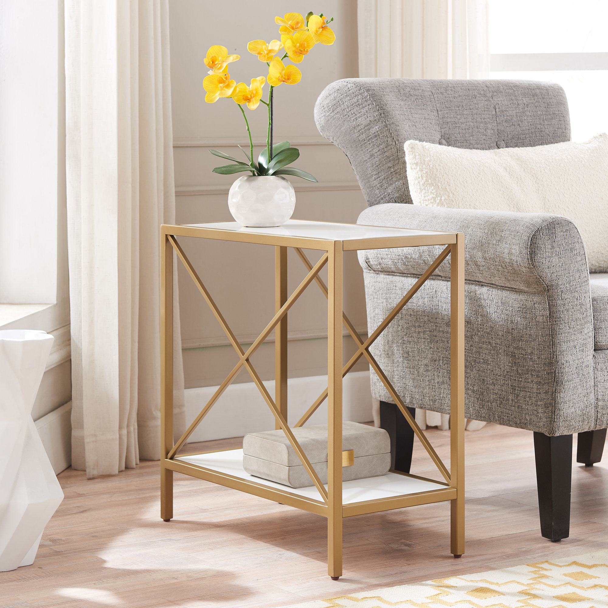 Mercer41 Caynen Mixed Metal And Wood Narrow End Table, White/Gold ...
