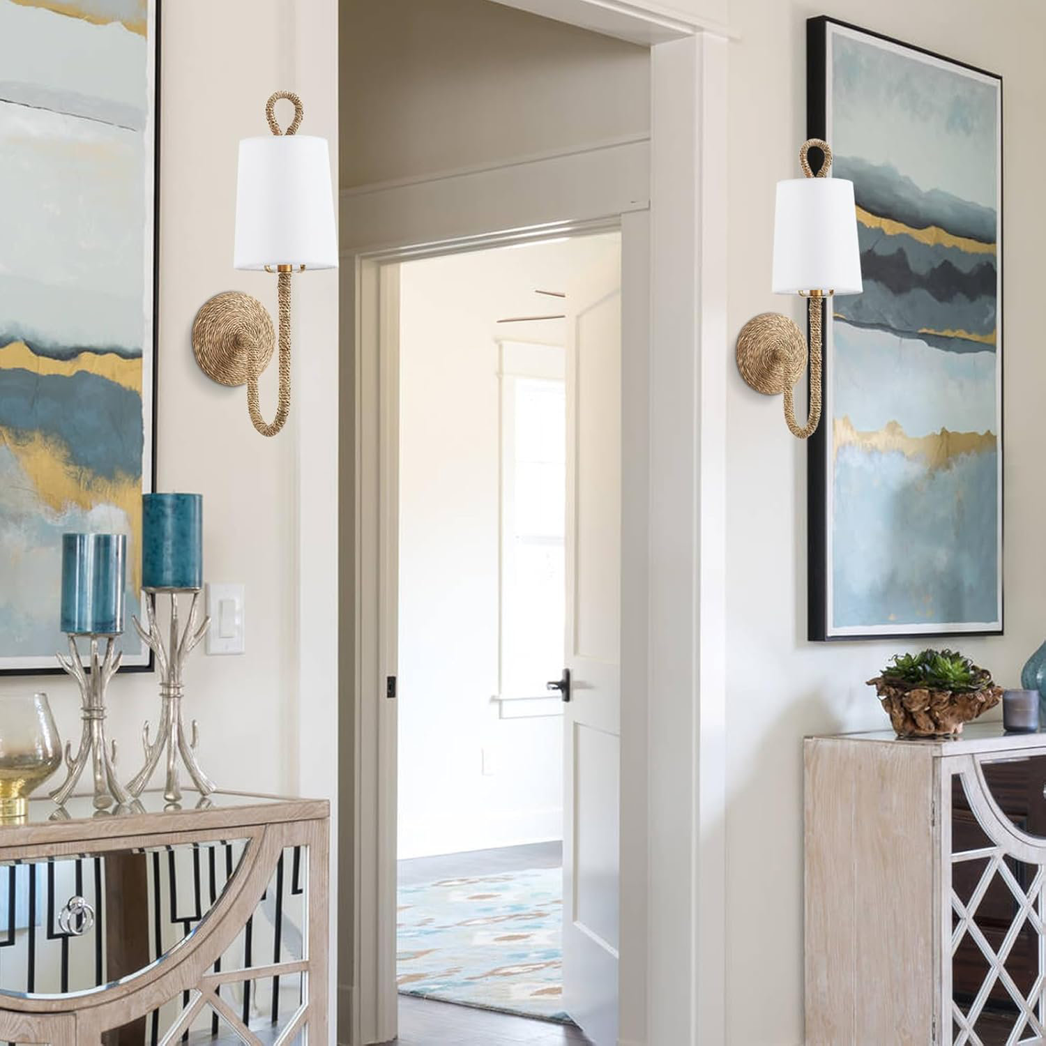 Bayou Breeze Natural Rattan Wall Sconce Set Of 2, With Boho Woven ...