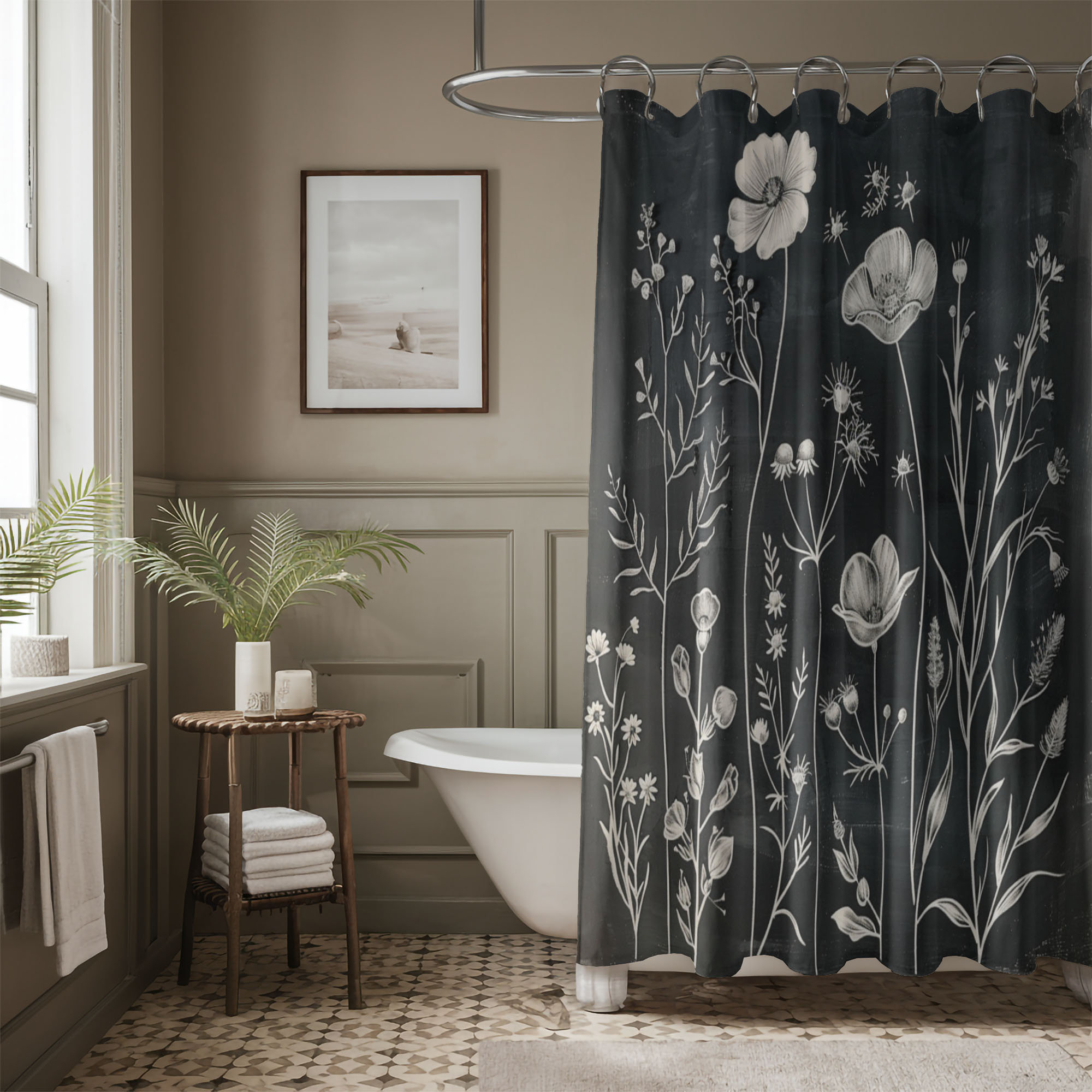 East Urban Home Black White Flower Art - 1 Piece Standard Shower ...